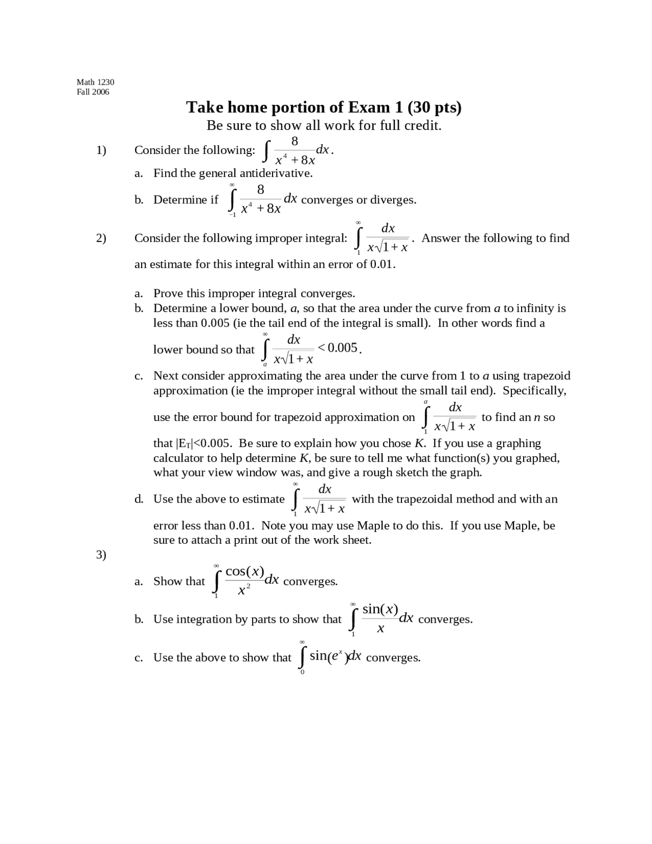Take Home Exam 1 for Calculus II | MATH 1230 - Docsity
