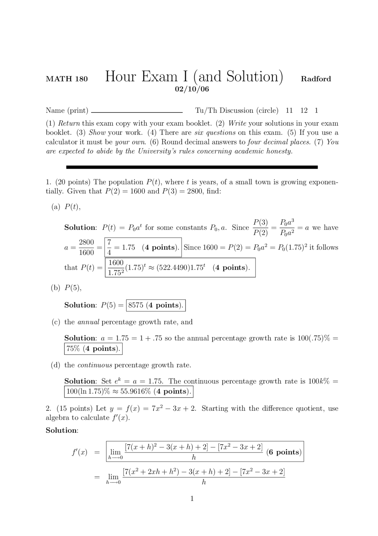 Practice Exam 1 With Solution Calculus I Math 180 Docsity