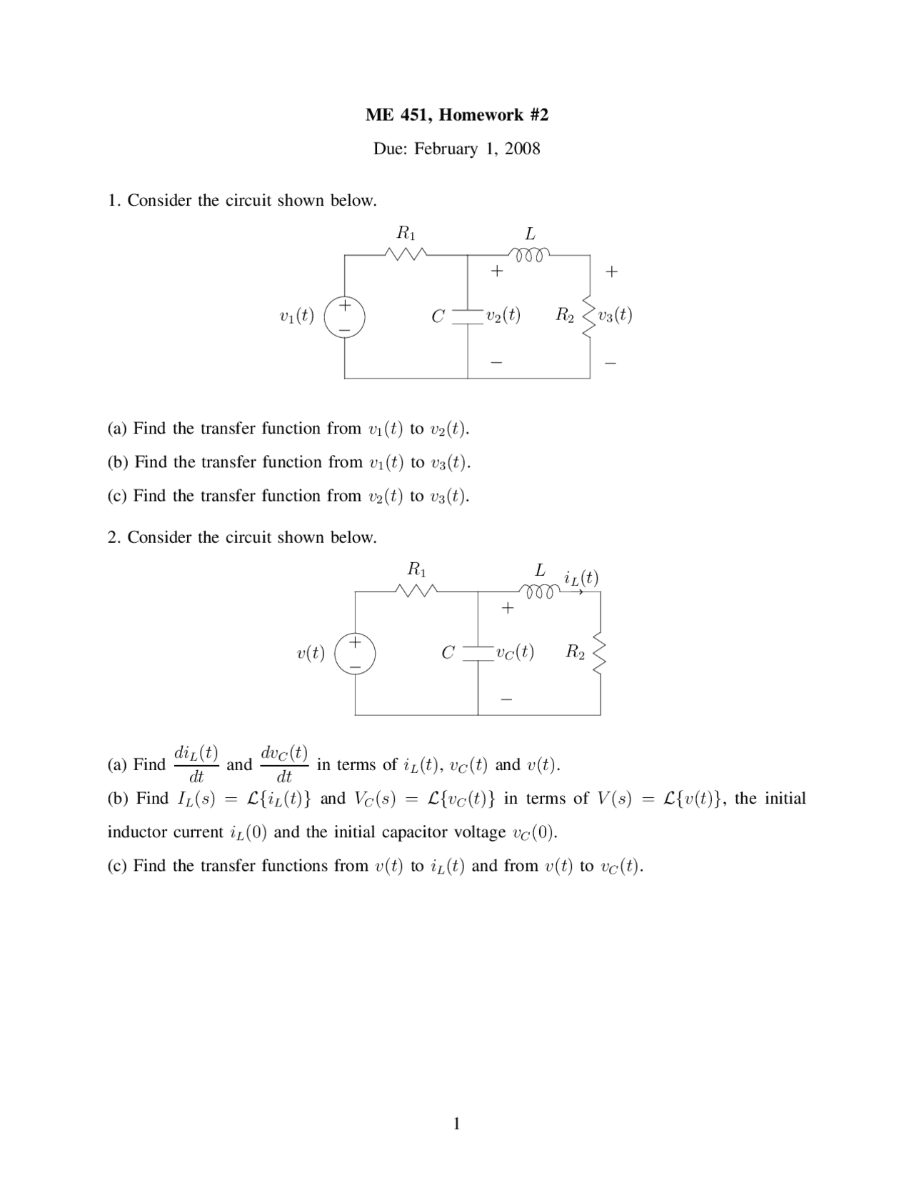 Practice Problems On Control Systems Homework 2 Me 451 Docsity