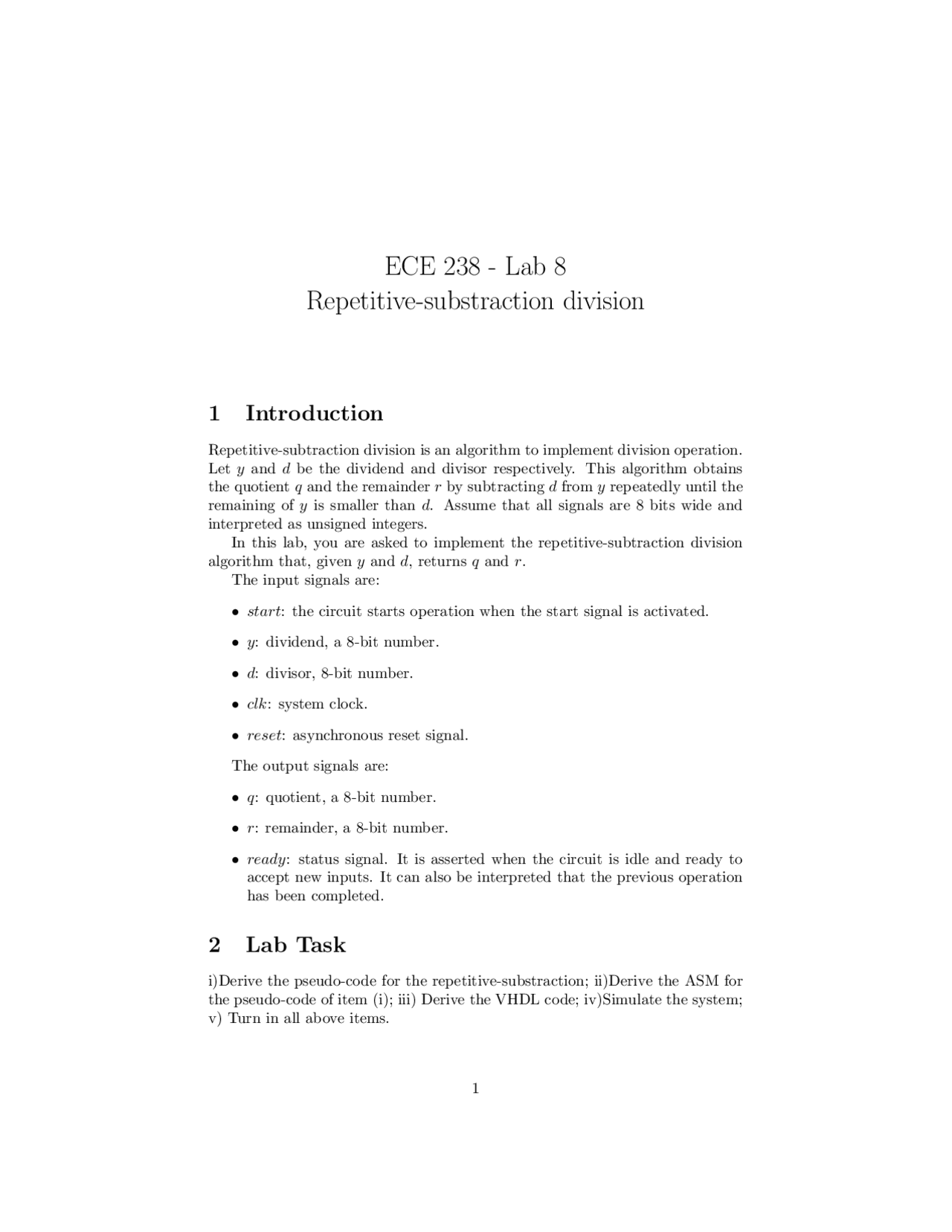 ECE 238 Lab 8: Repetitive-Substraction Division Algorithm | Lab Reports Electrical and ...