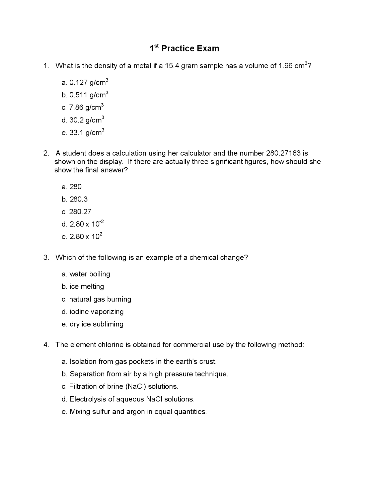 15 Problems From General Chemistry I Practice Exam 1 Ch 121 Docsity