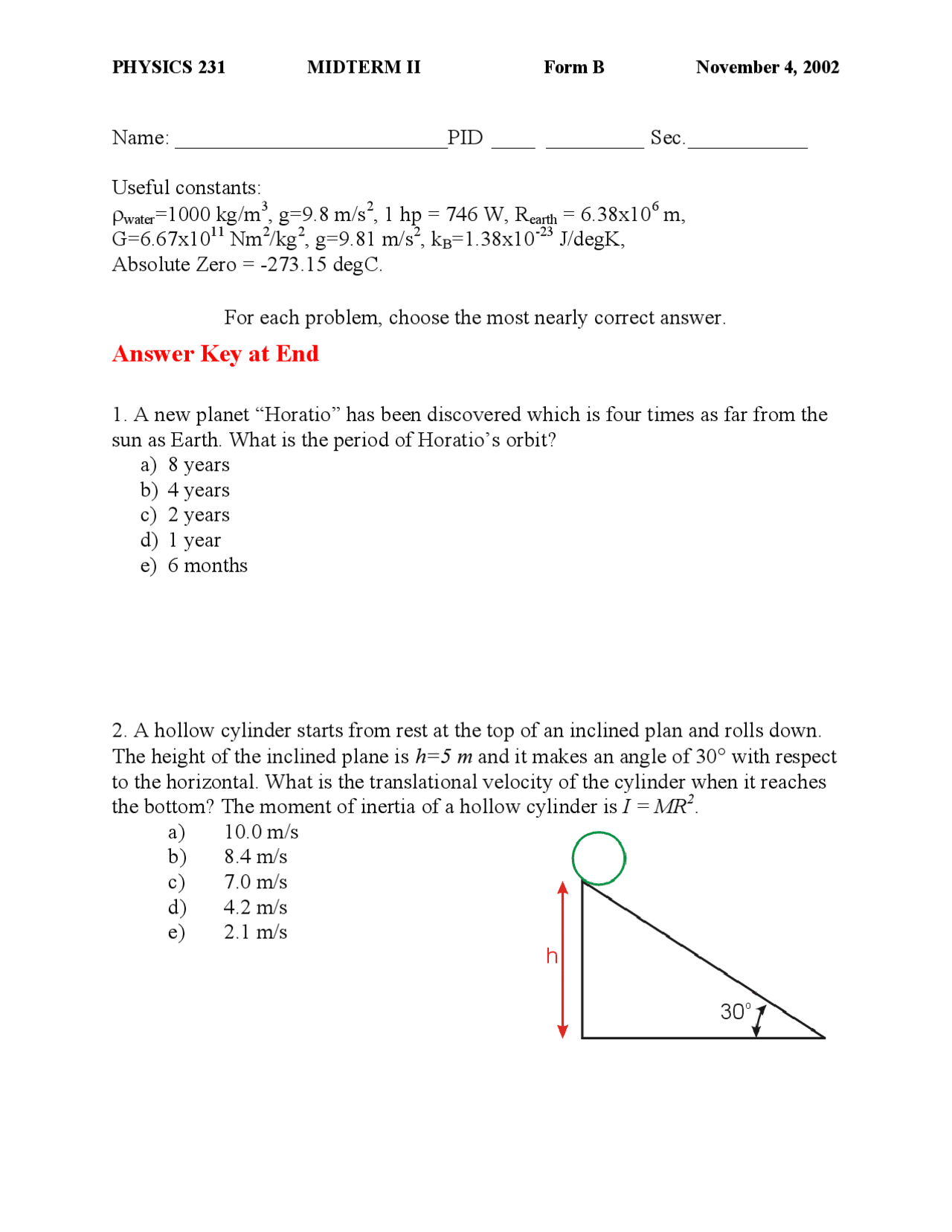 Midterm Exam 2 With Answers Introductory Physics I Phy 231 Docsity