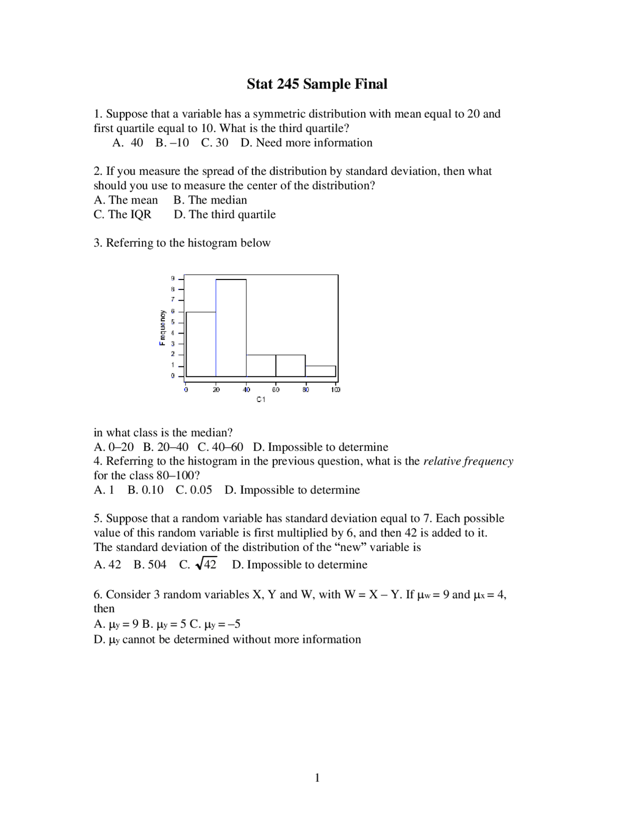 Sample Final For Introduction To Statistical Analysis Stat 245 Docsity