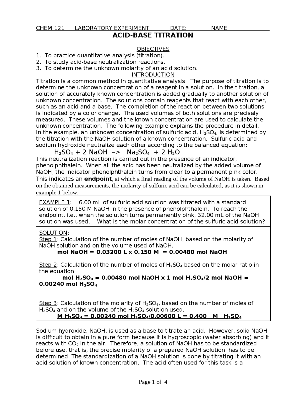 Acid-Base Titration - Lab Experiment | CHEM 121 - Docsity
