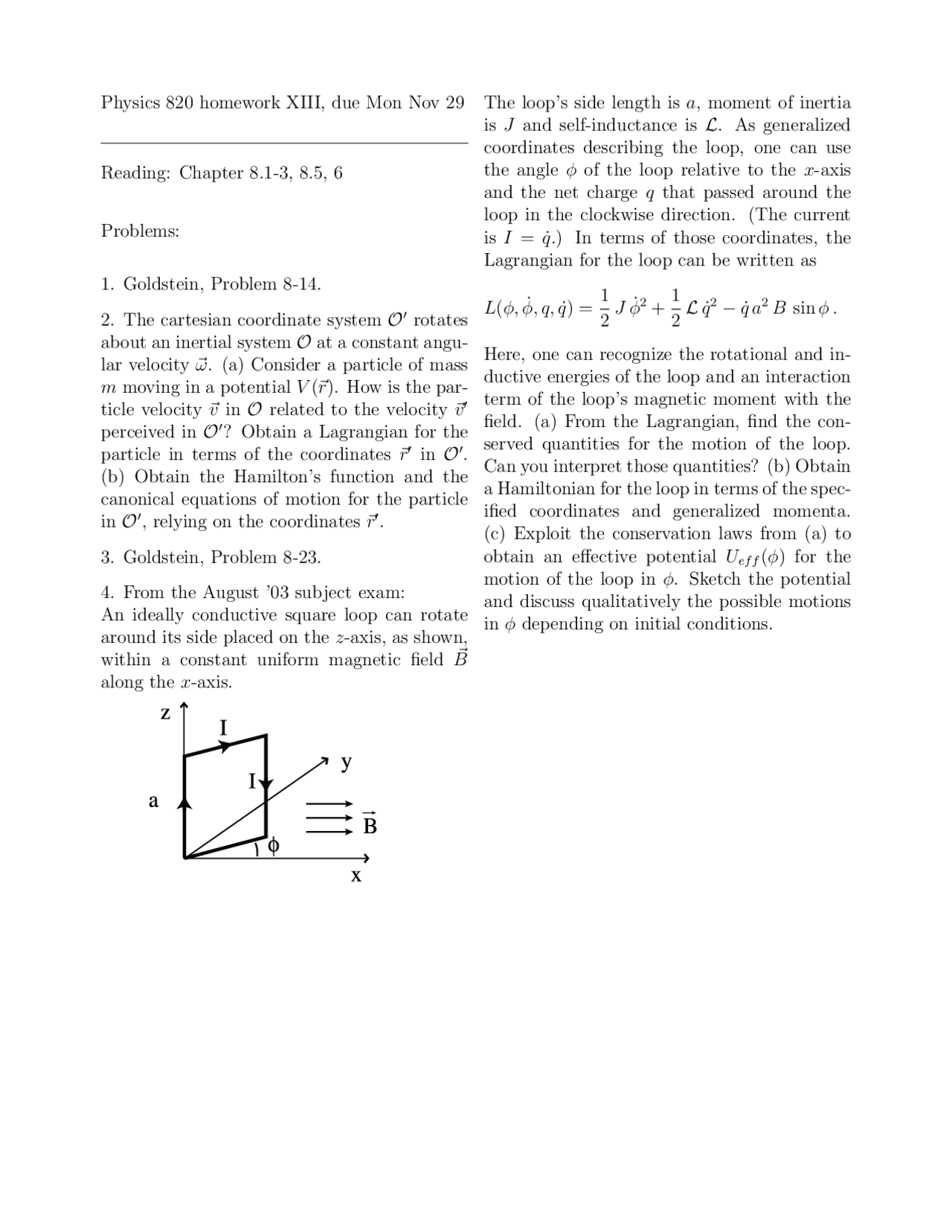 Homework 13 Problems - Classical Mechanics | PHY 820 - Docsity