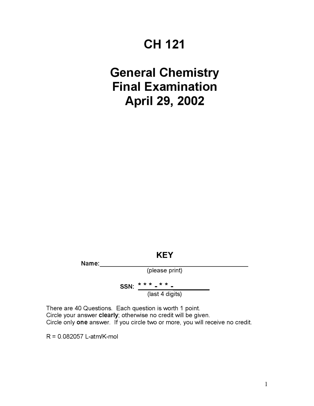 General Chemistry I - Final Exam | CH 121 - Docsity