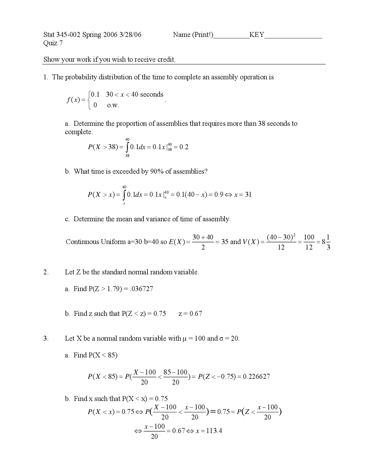 3 Solved Problems on the Probability Distribution - Quiz 7 | STAT 345 - Docsity