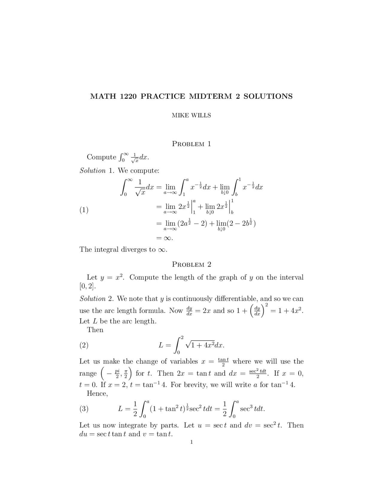 Midterm Exam 2 with Solution - Supplemental Instruction in Calculus II | MATH 1220 - Docsity