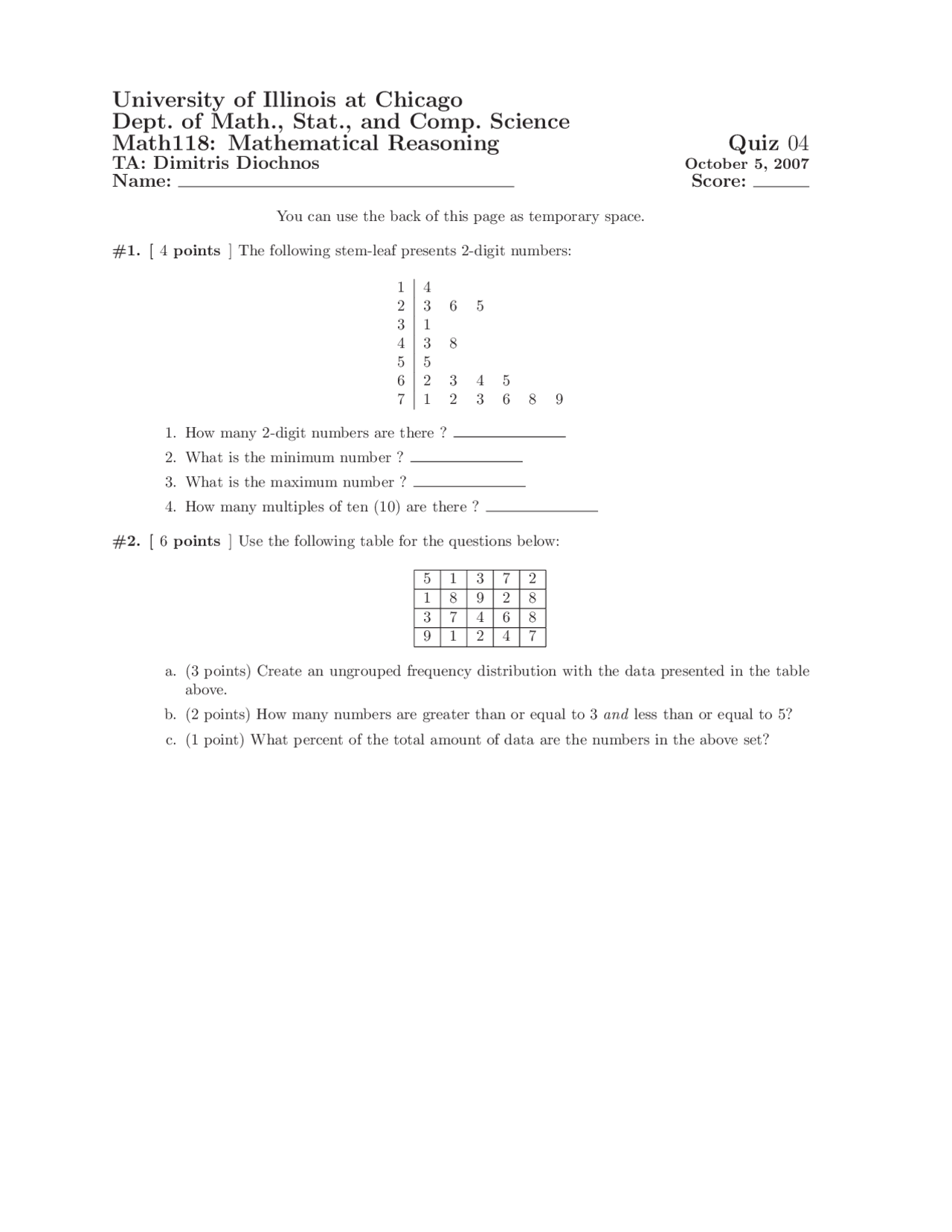 Practice Quiz 4 Mathematical Reasoning Math 118 Quizzes Mathematics Docsity