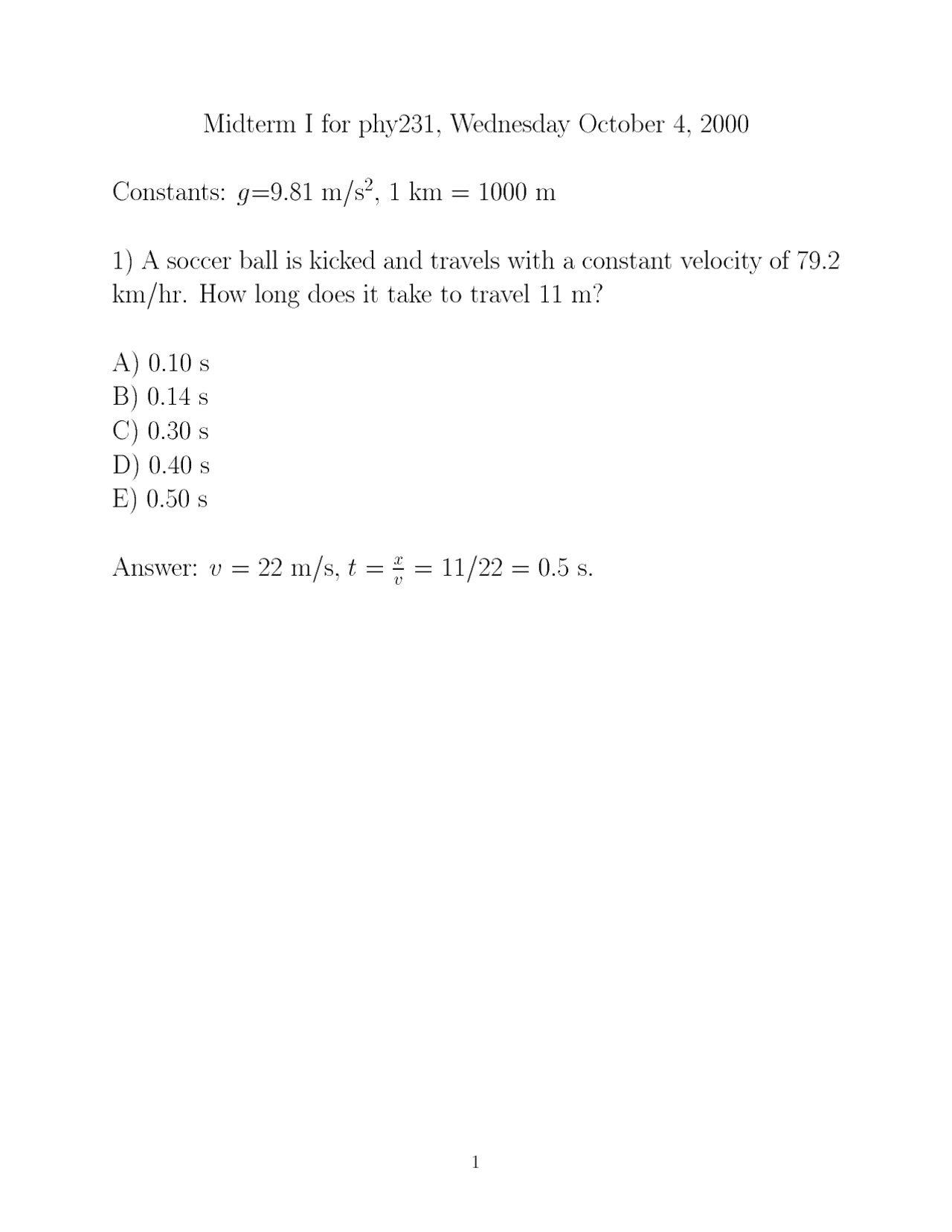 Midterm Exam With 15 Questions Introductory Physics I Phy 231 Docsity