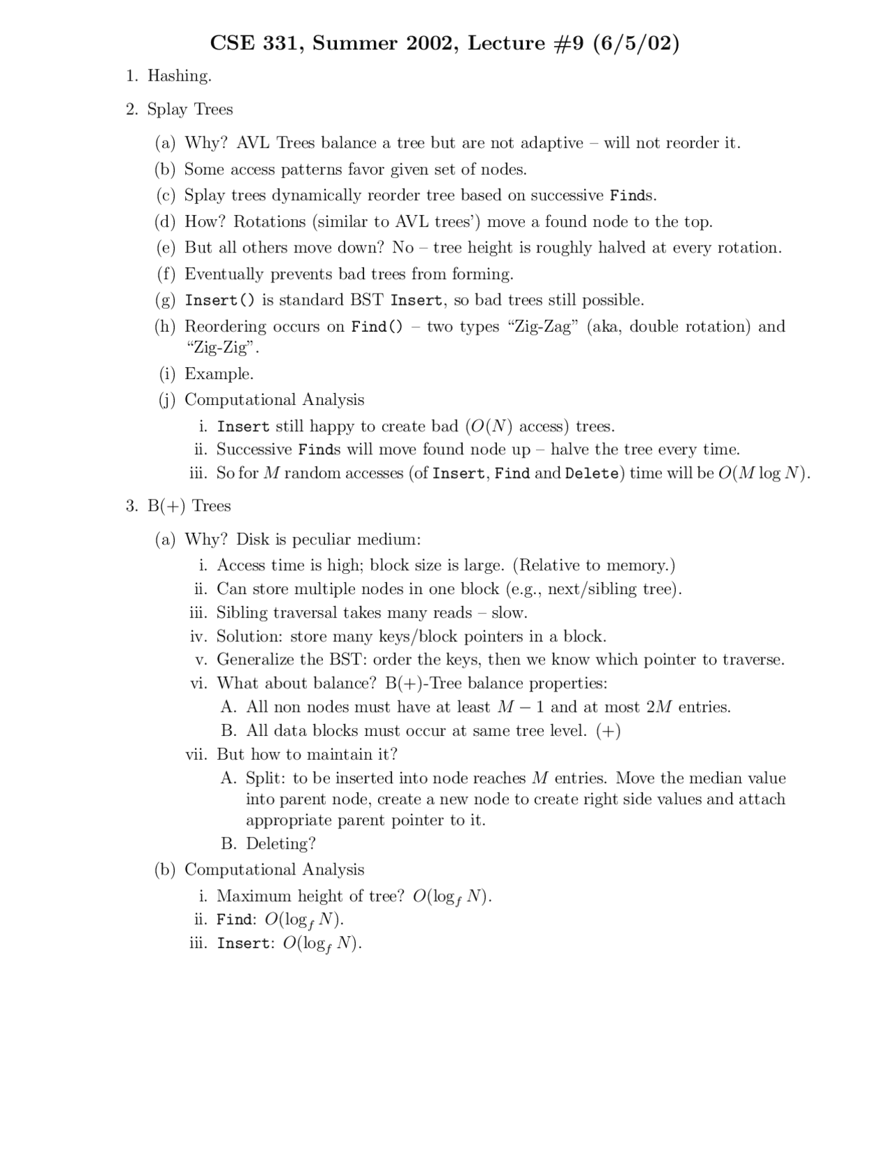 Hashing Splay Trees B Trees Algorithms And Data Structures Cse 331 Docsity