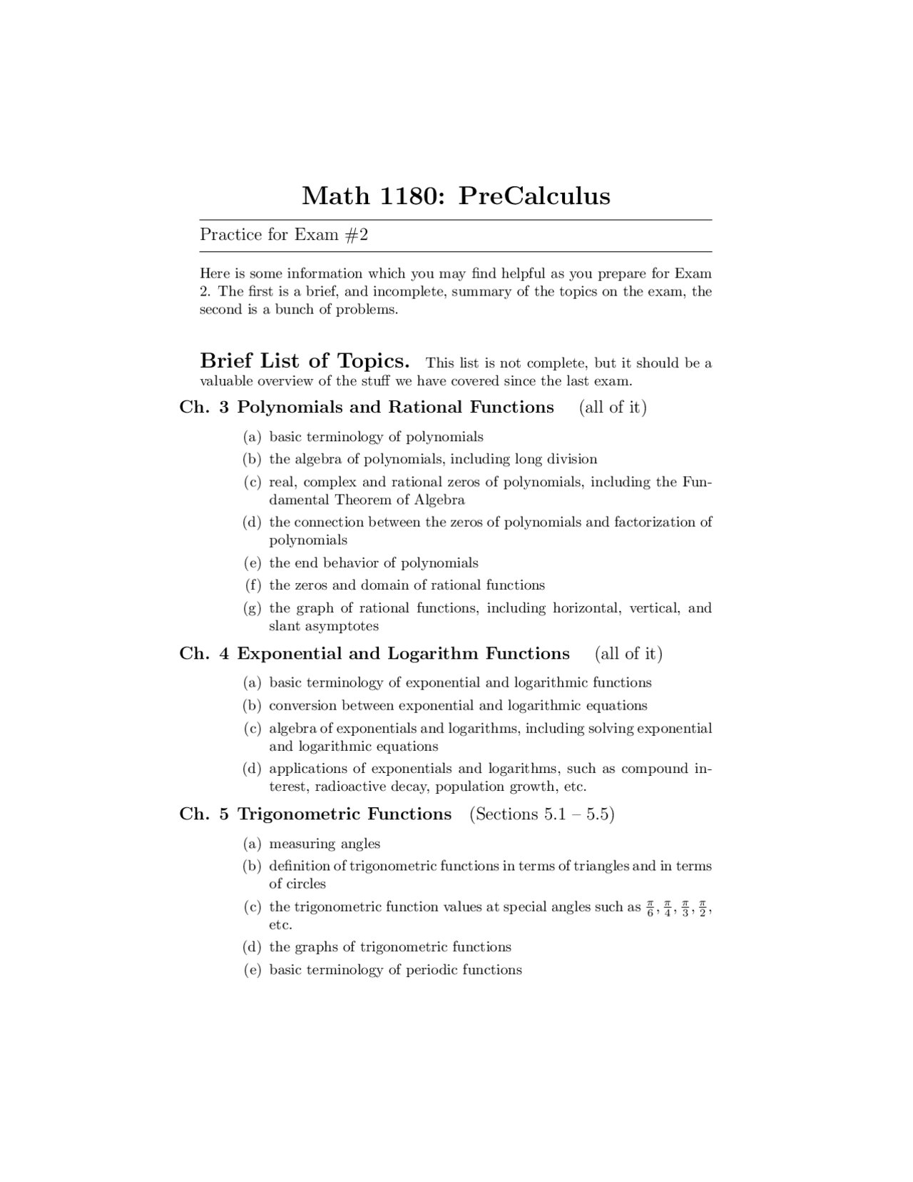Practice Exam 2 Precalculus Math Math 1180 Docsity