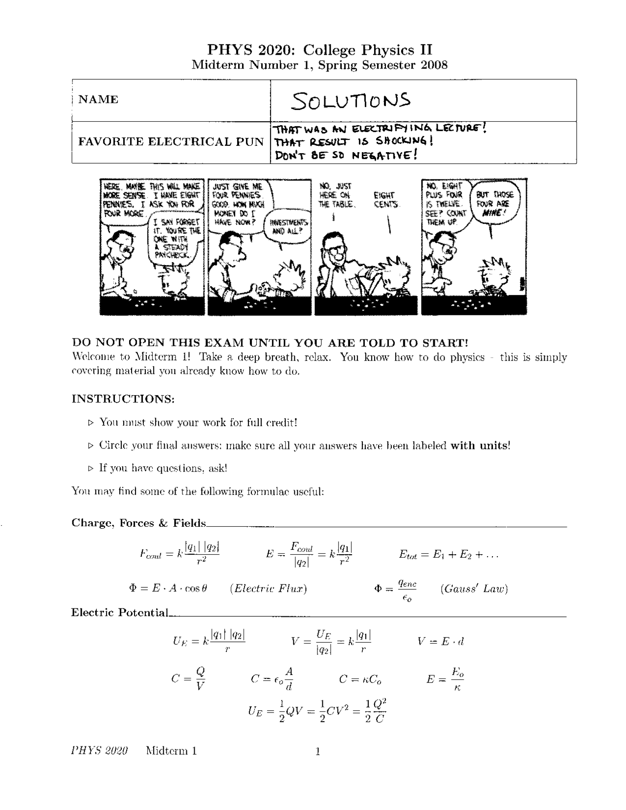 Solution for Midterm Exam 2 - College Physics II | PHYS 2020 | Exams Physics | Docsity