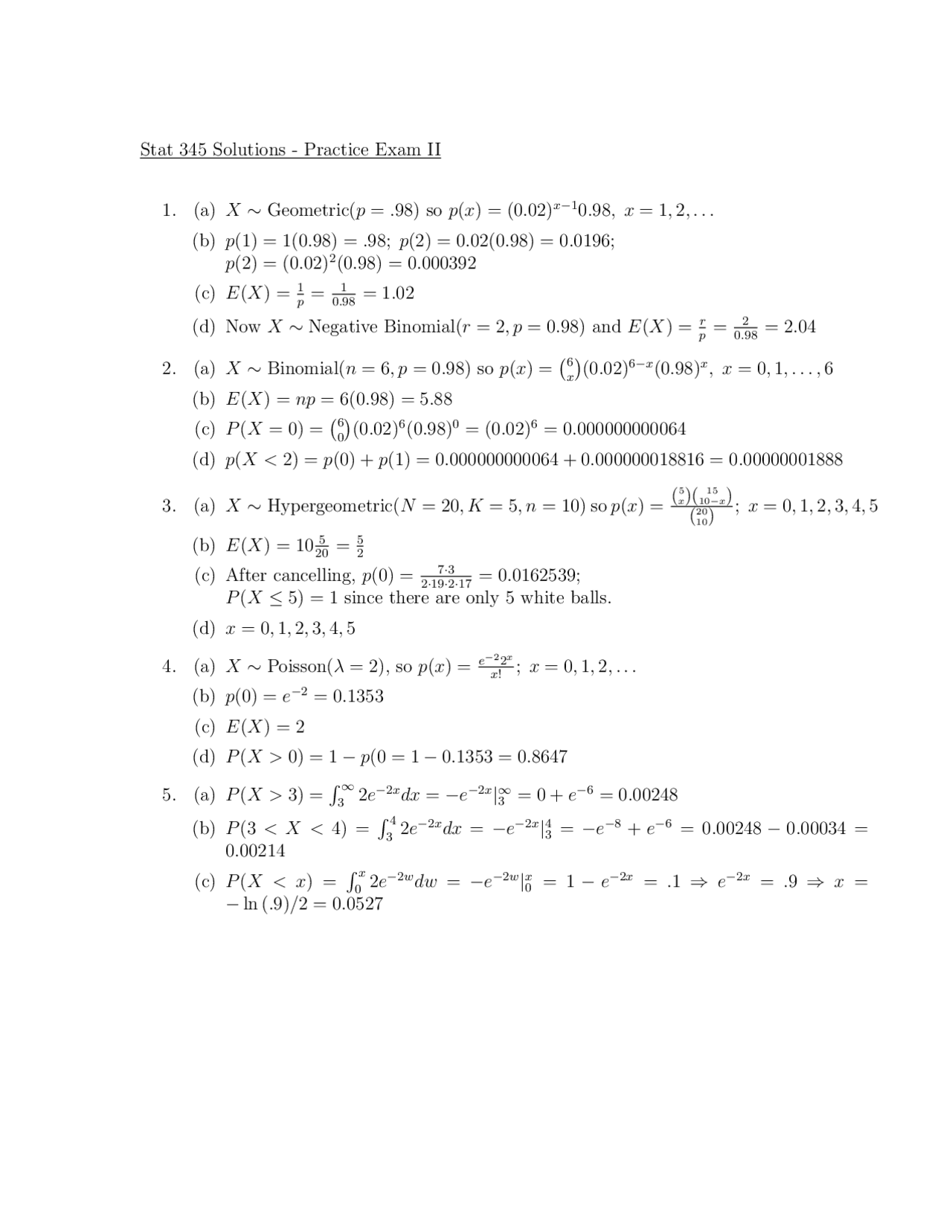 Solution Practice Exam 2 Elements Of Mathematical Statistics And