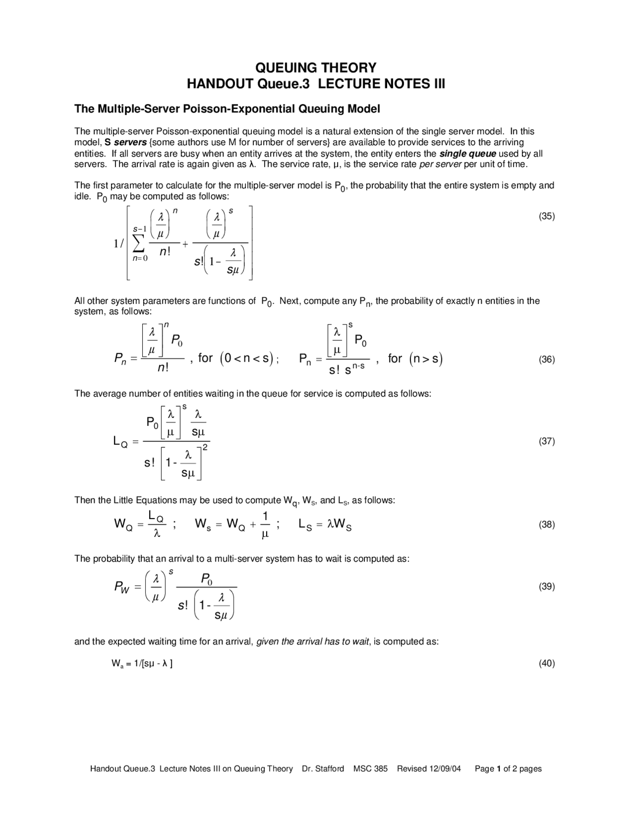 Queuing Theory Handout Queue3 Operations Analysis Msc 385 Docsity