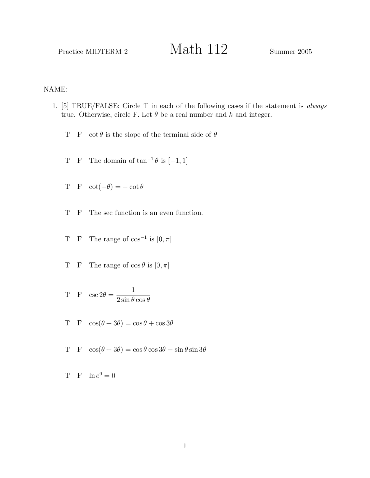 Sample Midterm Examination 2 - Elementary Functions | MATH 112 - Docsity