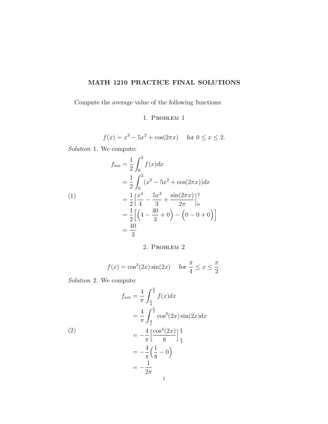 Practice Final Exam Solutions Si Calculus Math 1210 Examens