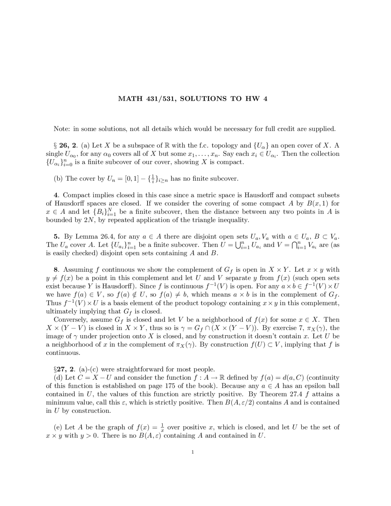 Homework 4 Solutions Introduction To Topology Math 431 Docsity
