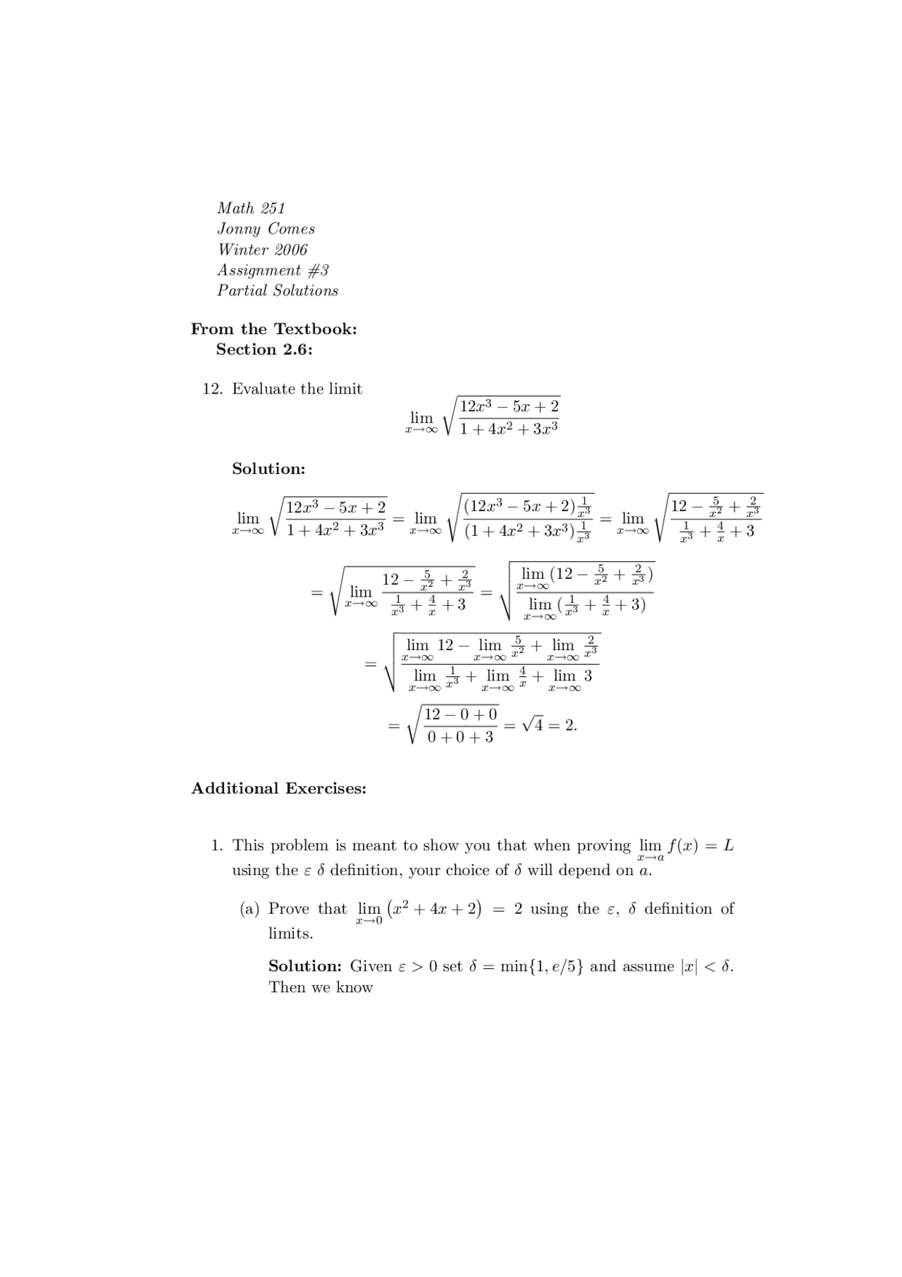 Questions With Answer On Calculus I Assignment 3 Math 251 Docsity