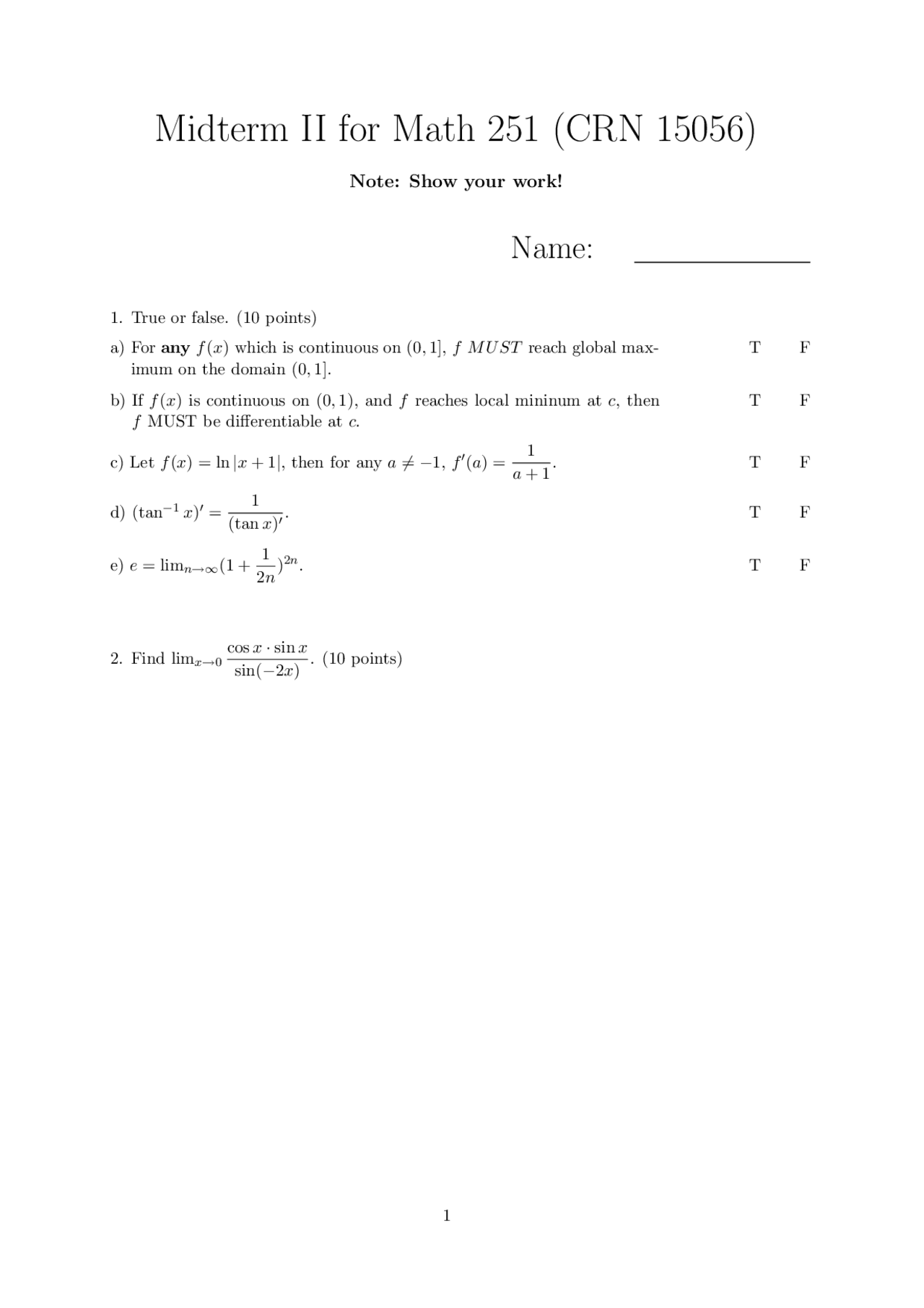 Midterm Examination 2 Problems Calculus I Math 251 Docsity