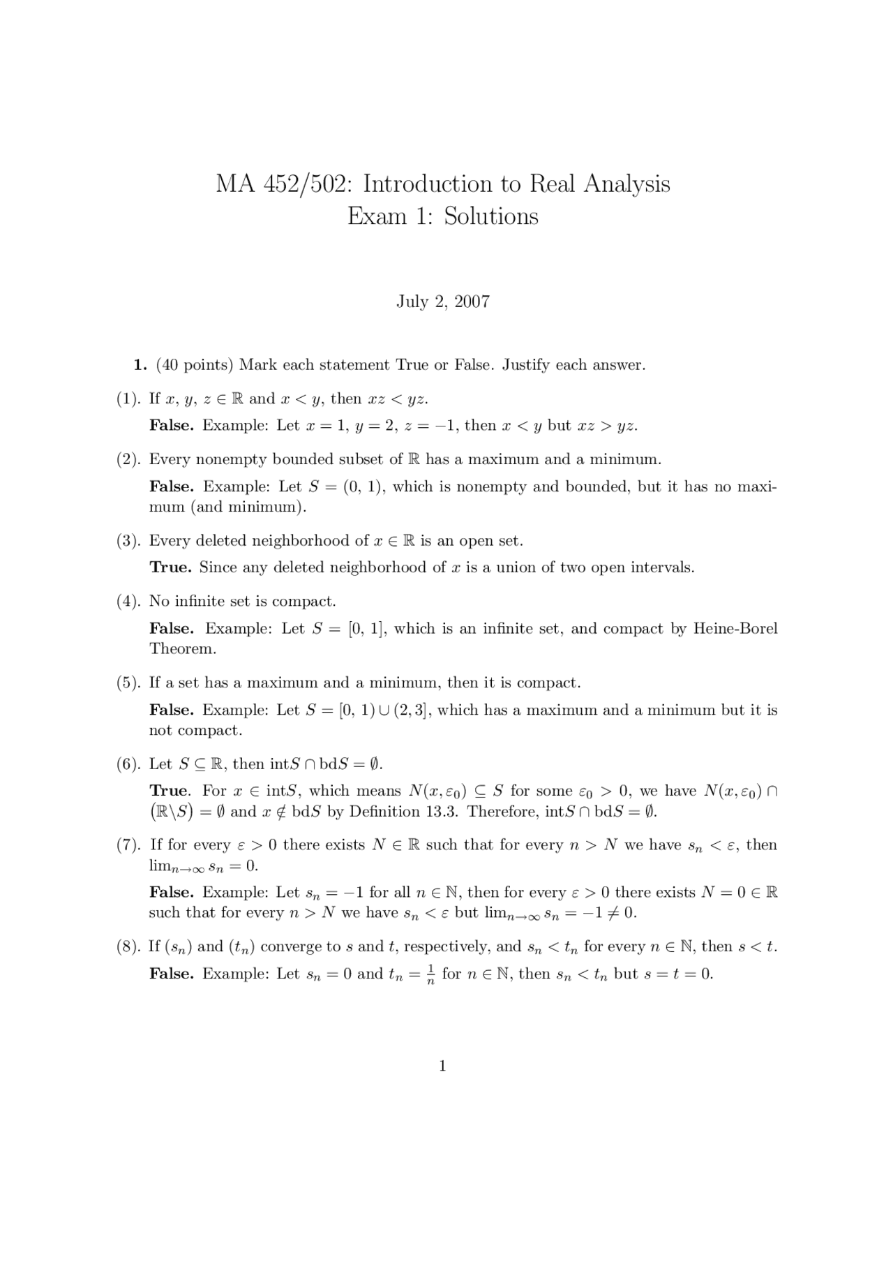 Solutions of Exam 1 on Introduction to Real Analysis - 14 Questions ...