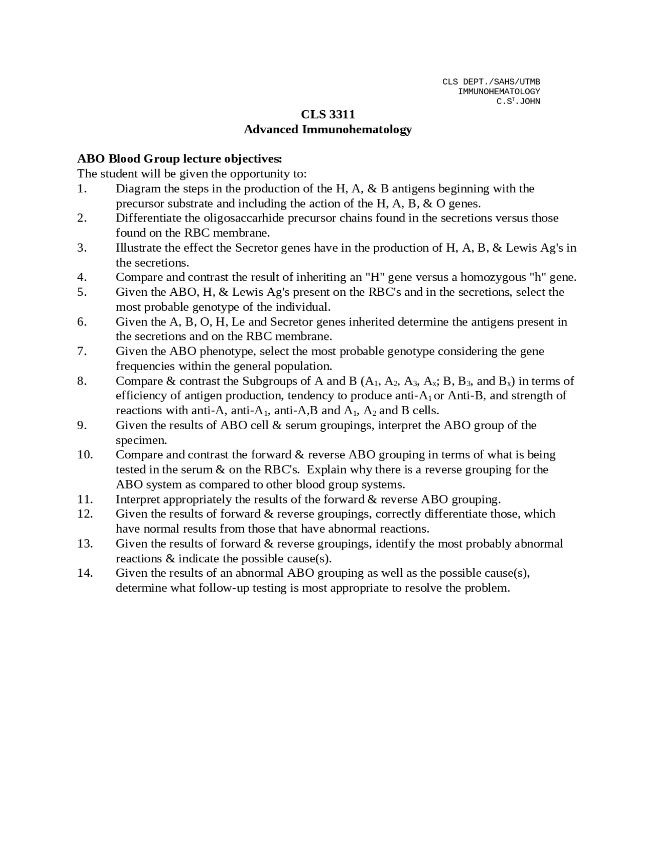 ABO Blood Group Objectives - Advanced Clinical Immunohematology | CLS ...