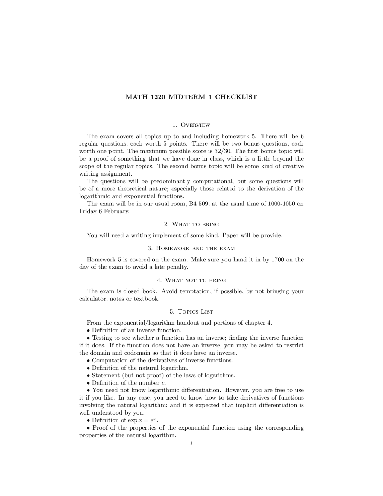 Midterm 1 Checklist Si Calculus Ii Math 1220 Docsity