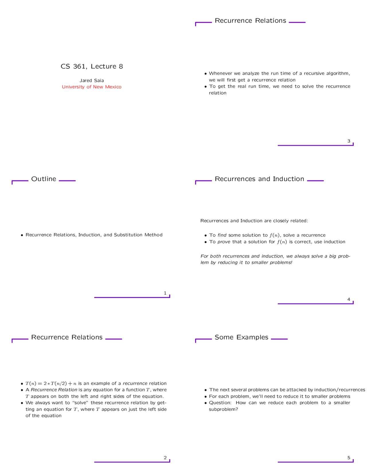 Recurrence Relations Induction And Substitution Method Cs 361l
