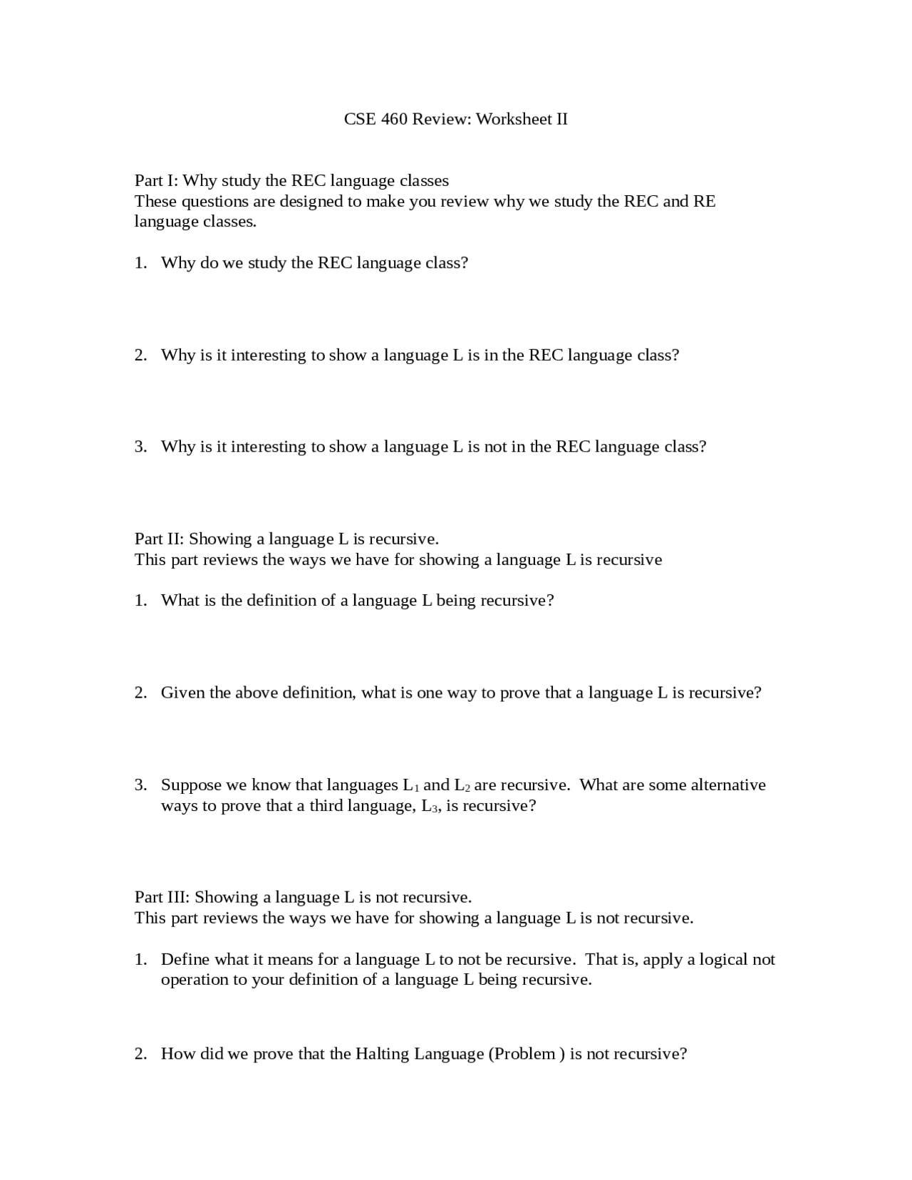 Rec Language Class Review Worksheet Ii Computability And Languages