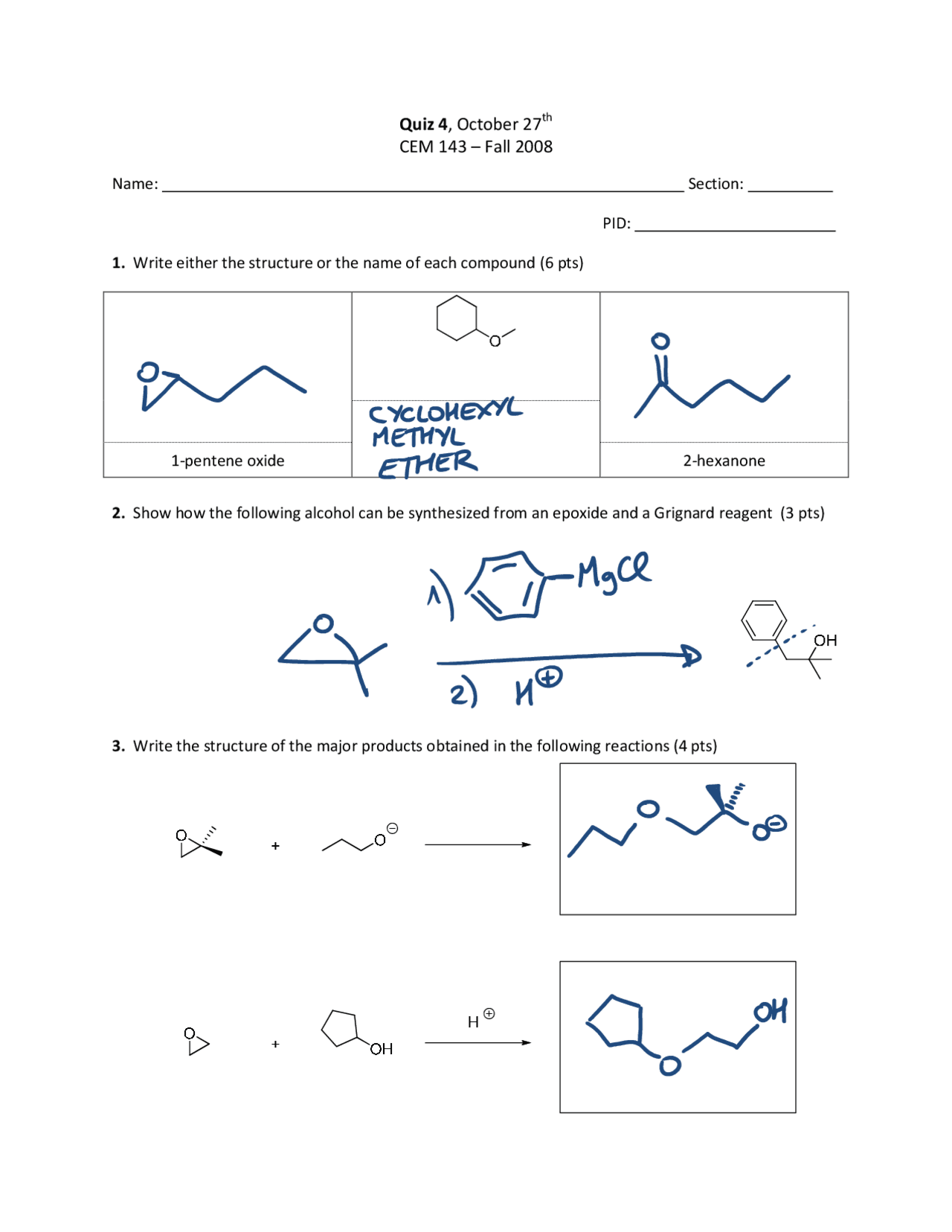 Quiz 4 With Solution On Survey Of Organic Chemistry Cem 143 Docsity