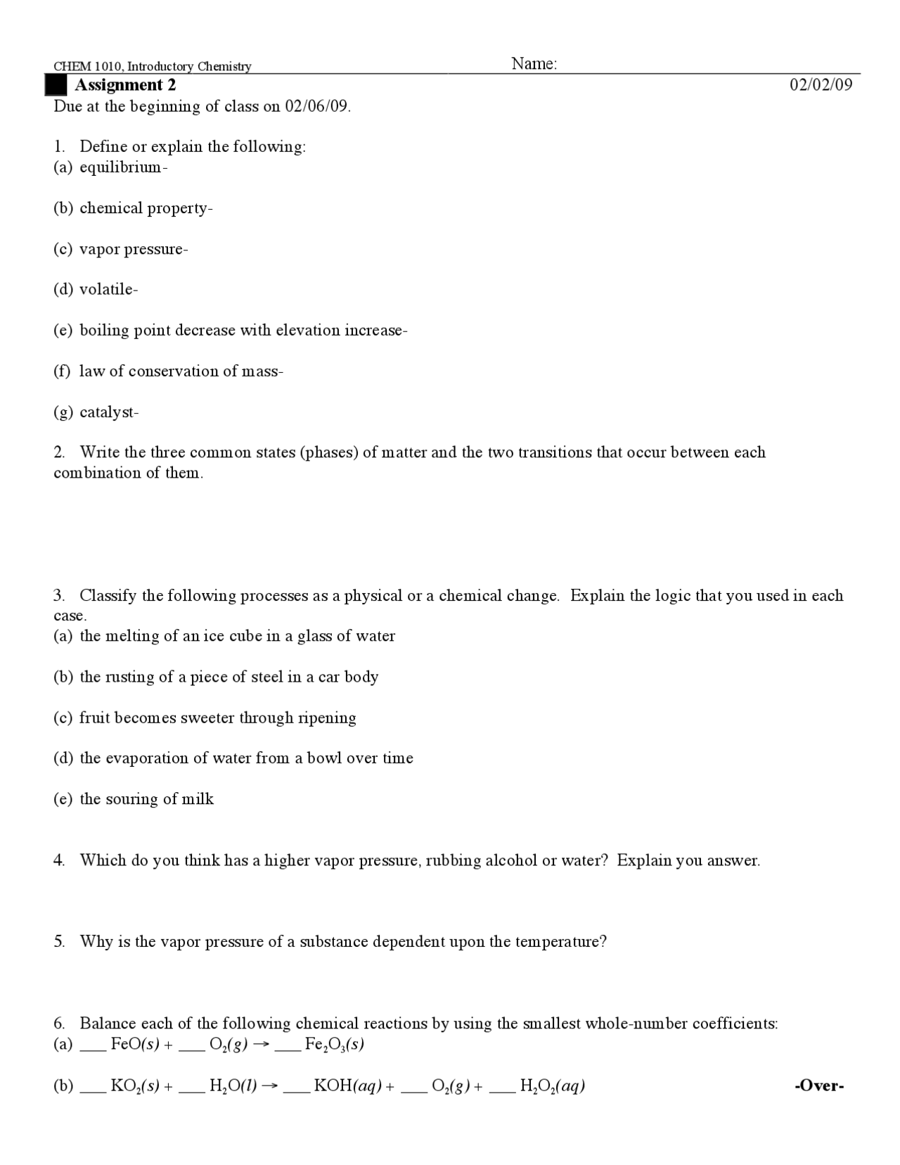 Practice Questions For Assignment 2 Introductory Chemistry Chem