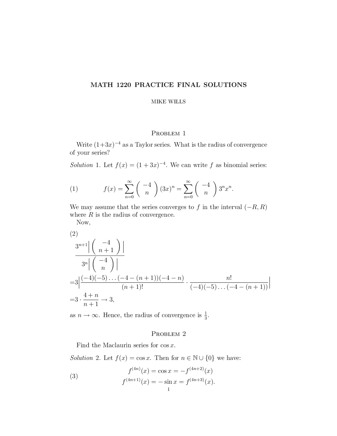 Practice Final Exam With Solution Si Calculus Ii Math 1220 Docsity