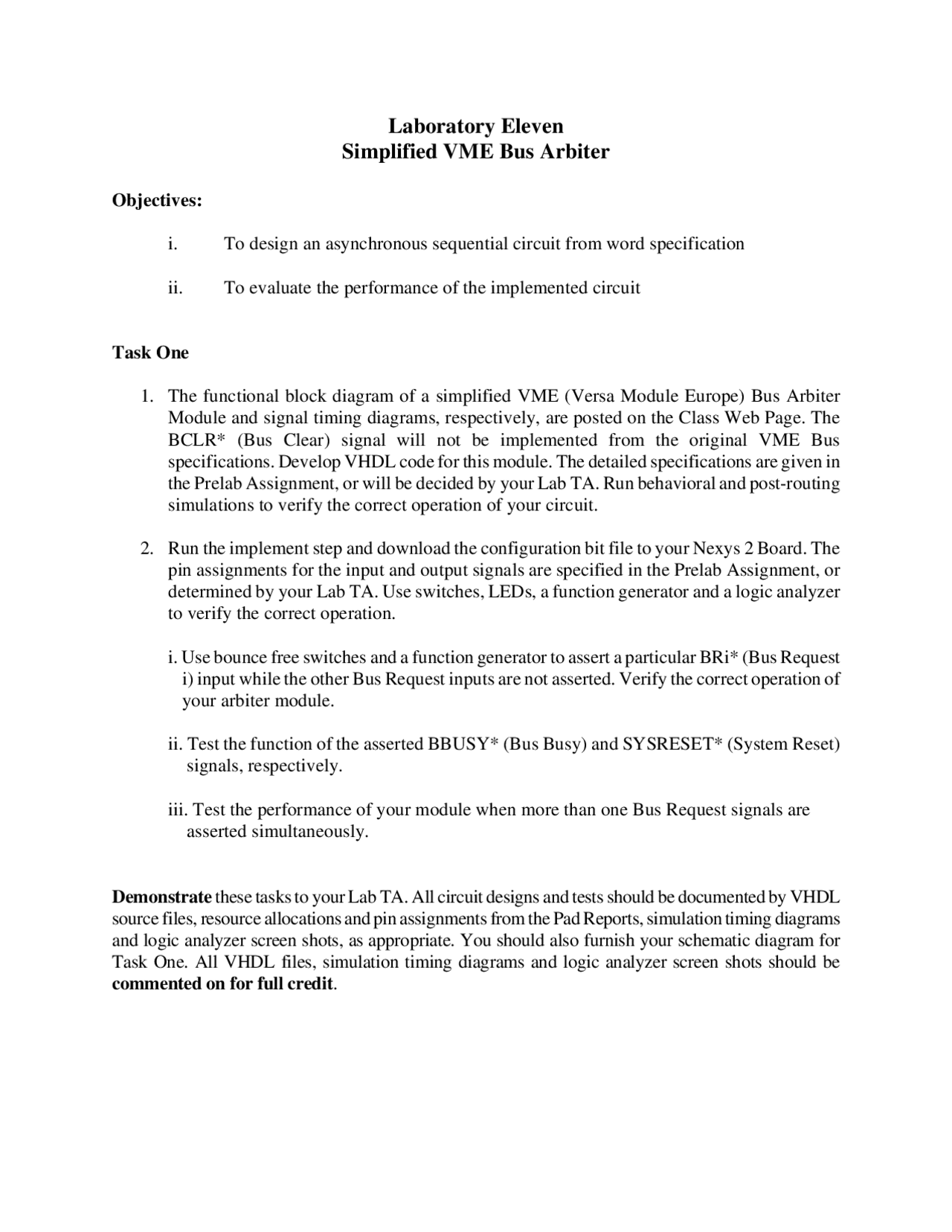 Simplified VME Bus Arbiter - Digital Design - Lab 11 | ECE 3550 - Docsity