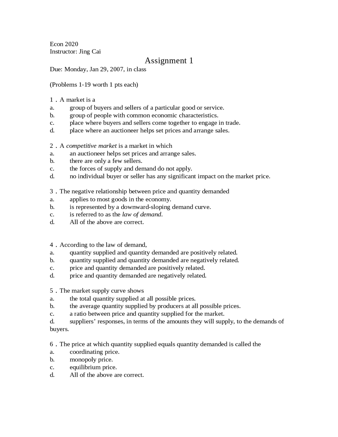 19 Problems For Assignment 1 Principles Of Macroeconomics Econ 2020