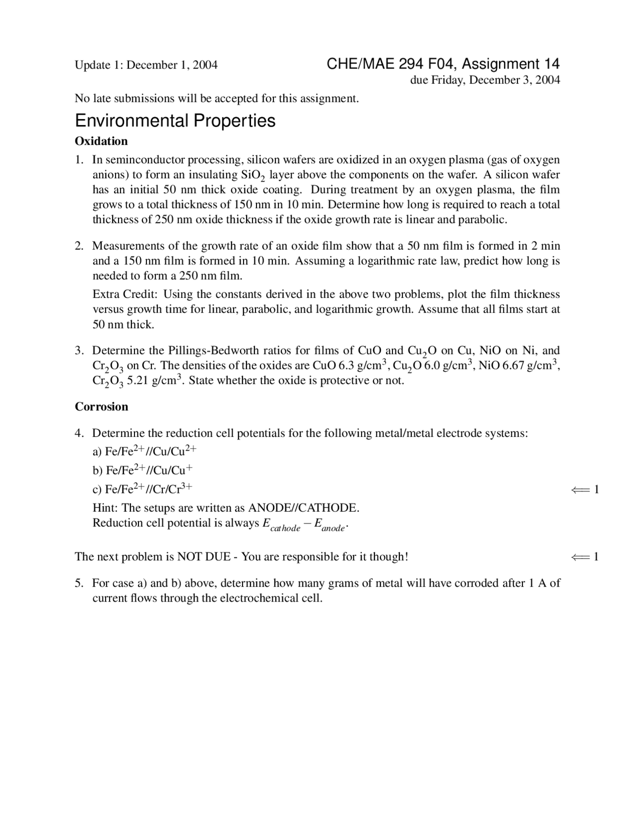 Assignment 14 Nature And Properties Of Materials Fall 2004 Che