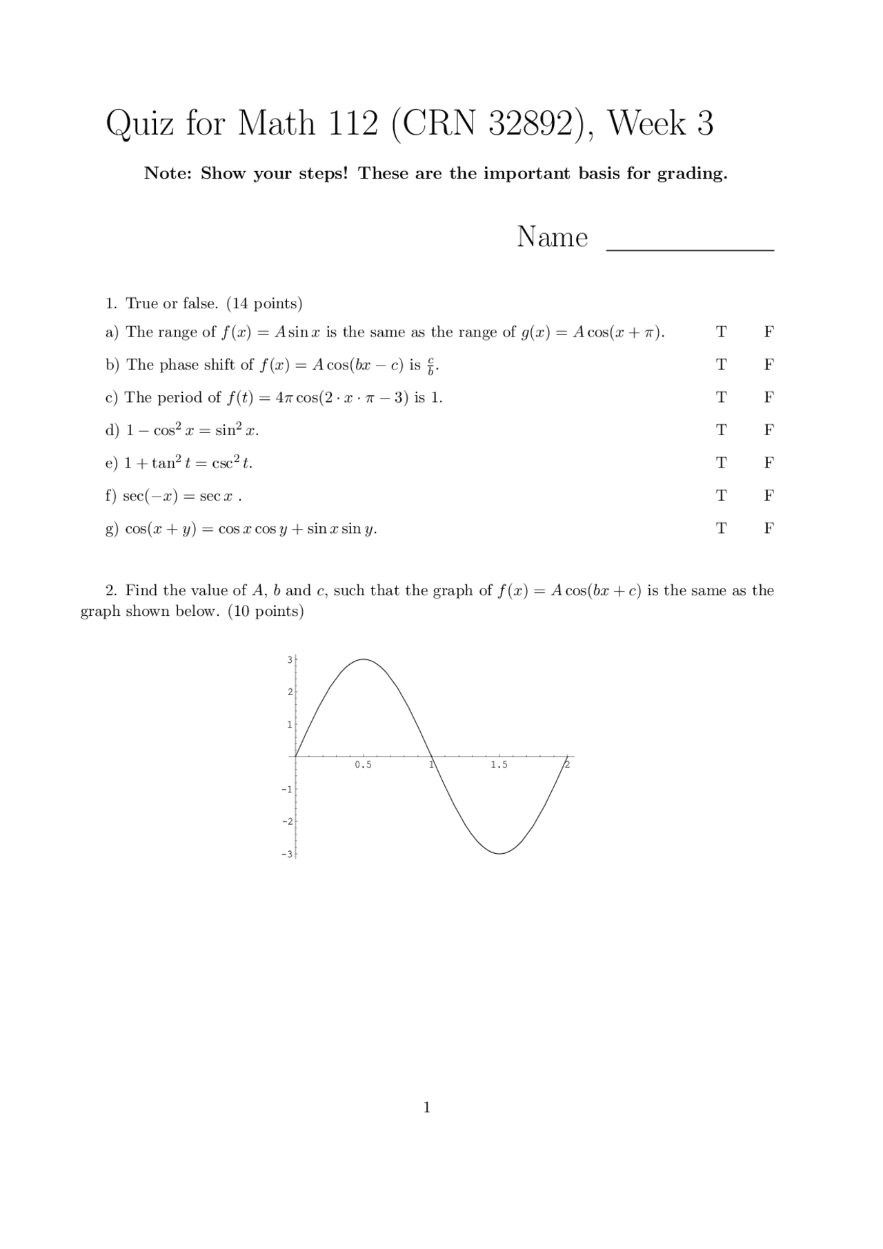 Elementary Functions - 4 Questions in Quiz 3 | MATH 112 - Docsity