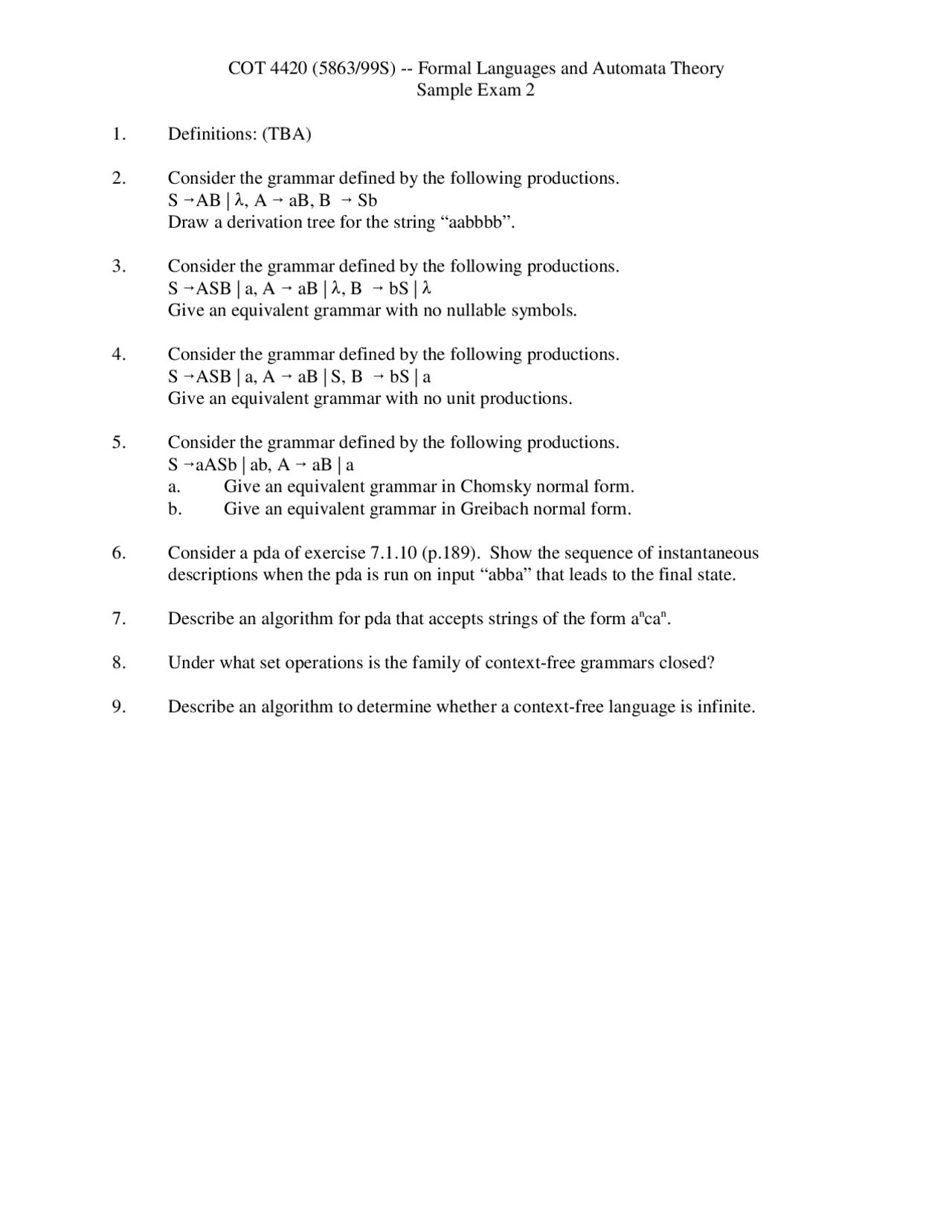 9 Questions On Formal Language And Automata Theory Exam 2 Cot 4420 Exams Computer Science