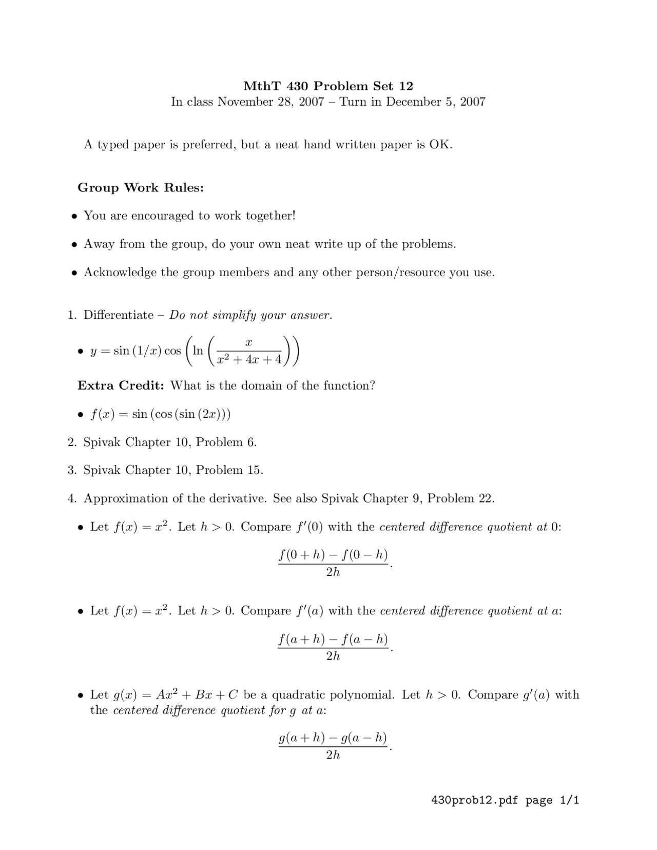 Problem Set 12 Mathematical Analysis For Teachers I Mtht 430 Docsity