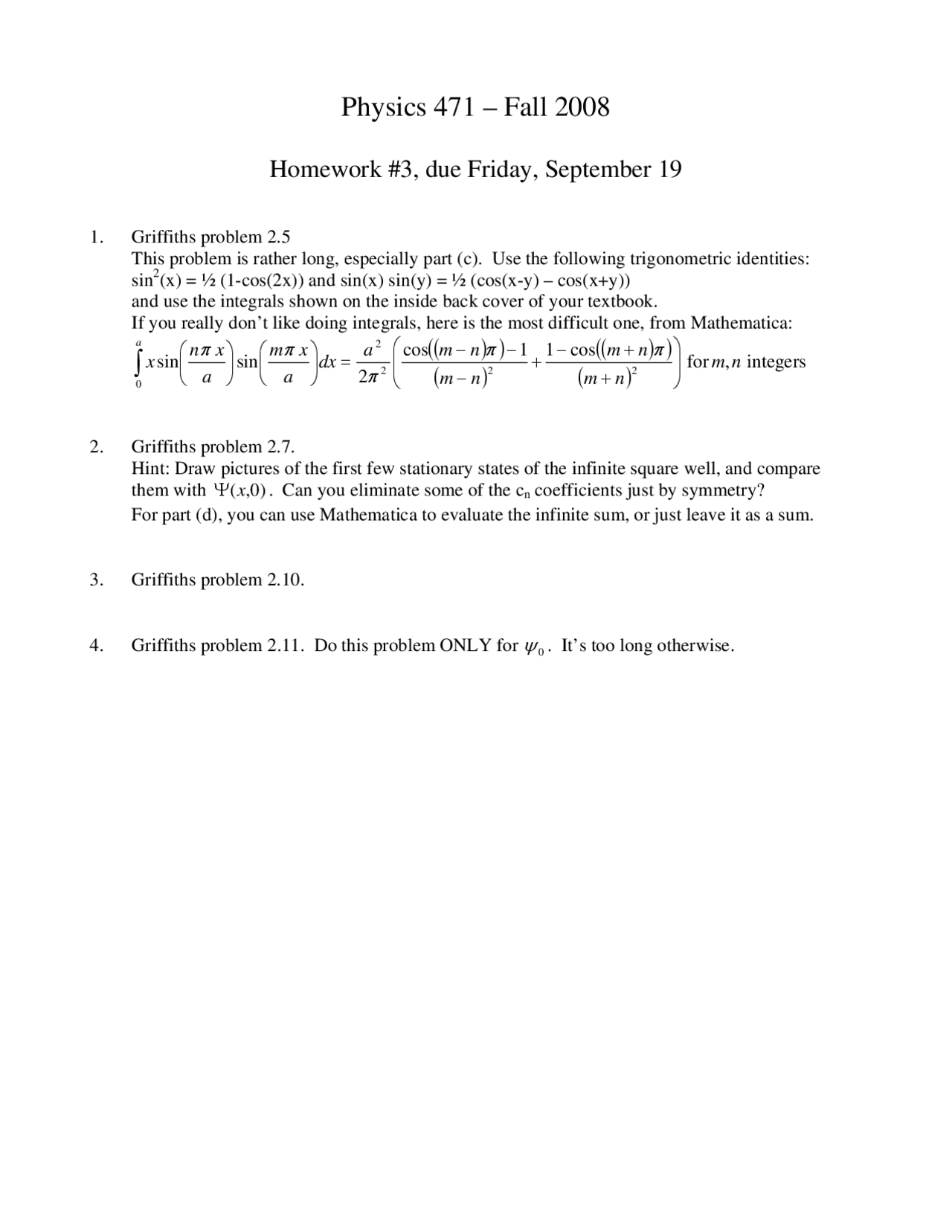 Homework 3 With 4 Practice Problems On Quantum Physics I Phy 471