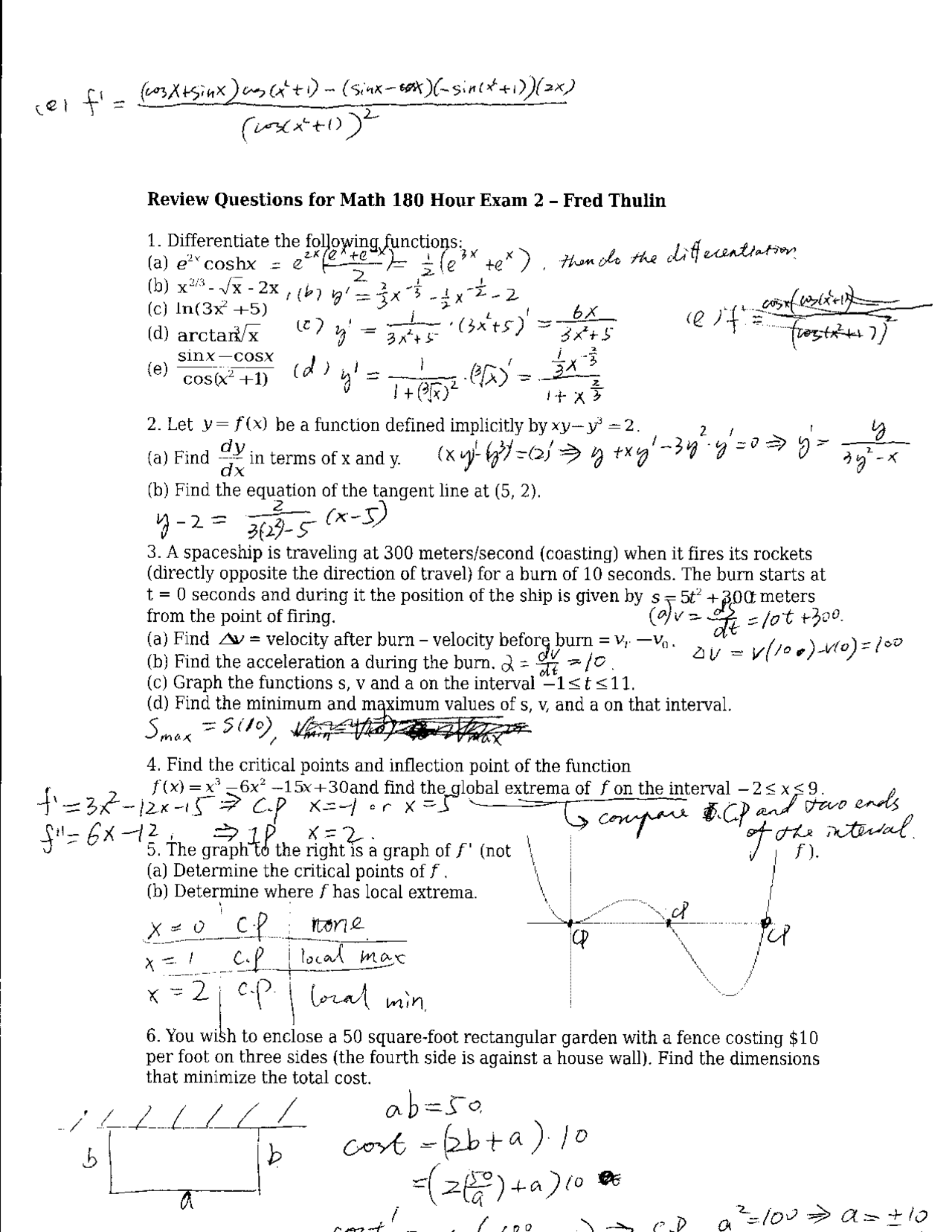 Calculus I Exam 2 Review Questions With Solutions Math 180 Docsity
