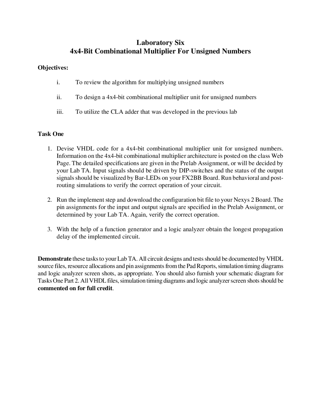 Laboratory 6 - Combinational Multiplier For Unsigned Numbers | ECE 3550 - Docsity