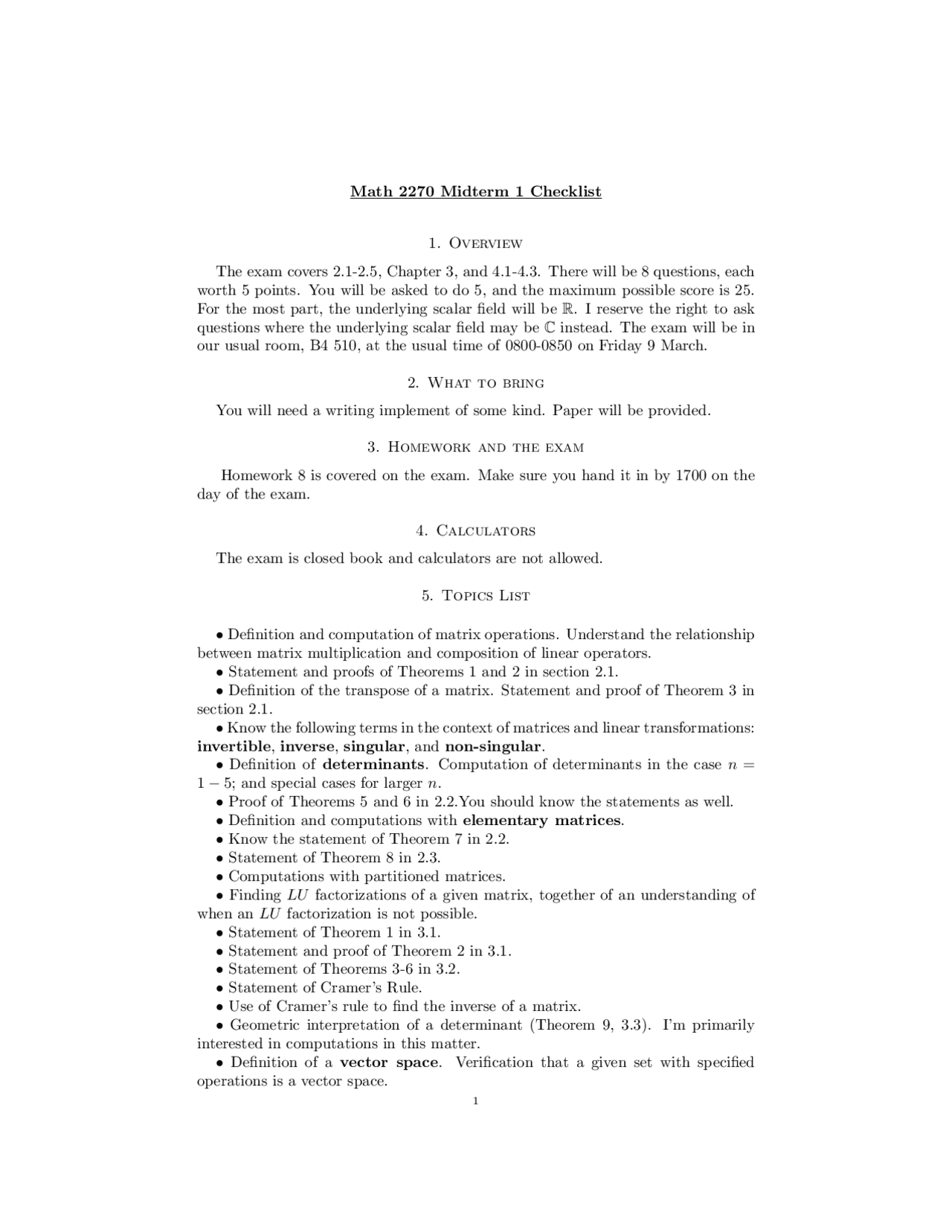 Midterm Exam 1 Checklist Elementary Linear Algebra Math 2270 Docsity