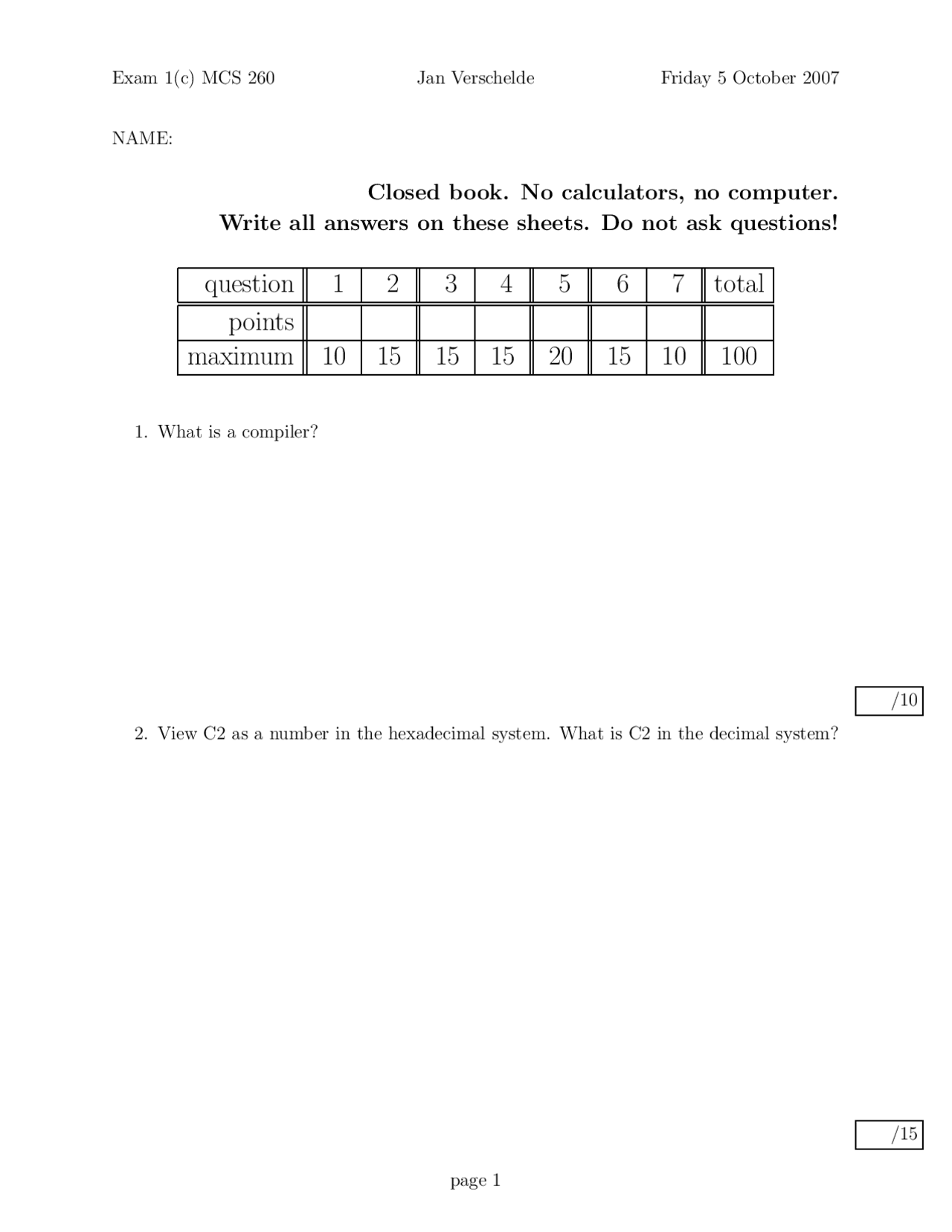 7 Problems Introduction To Computer Science Examination 1 Mcs 260