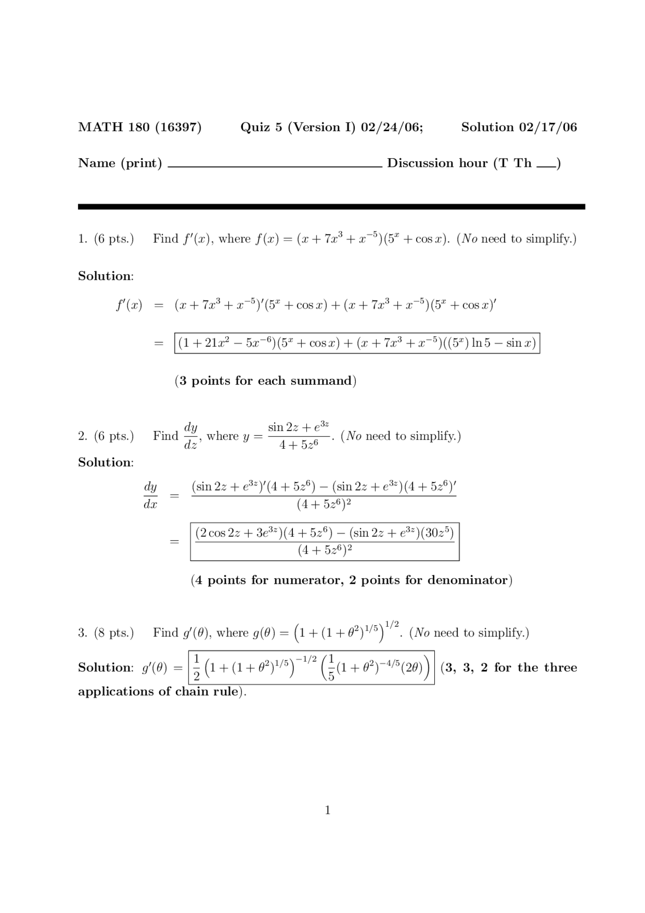 Quiz 5 Version 1 On Calculus I With Solution Math 180 Docsity