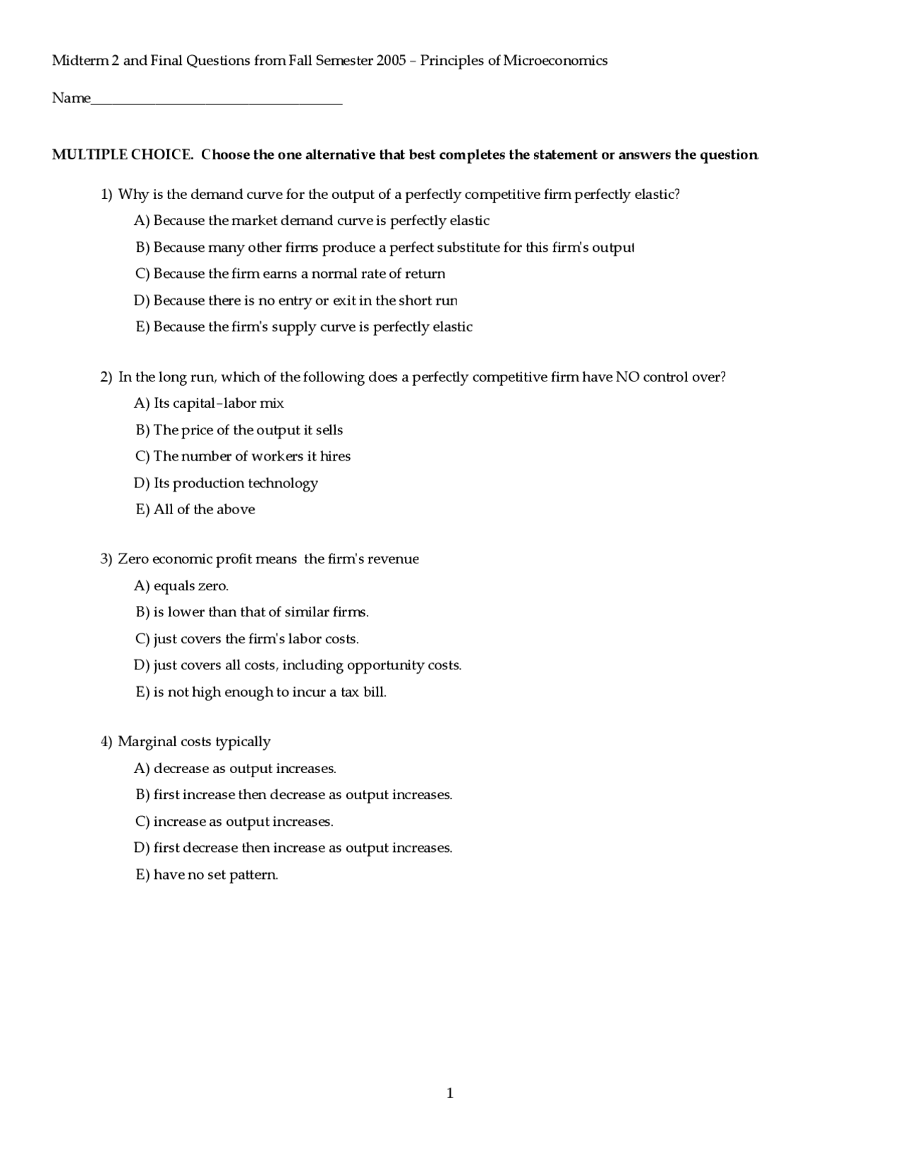 Principles of Microeconomics - Old Paper 2005 | EC 201 - Docsity