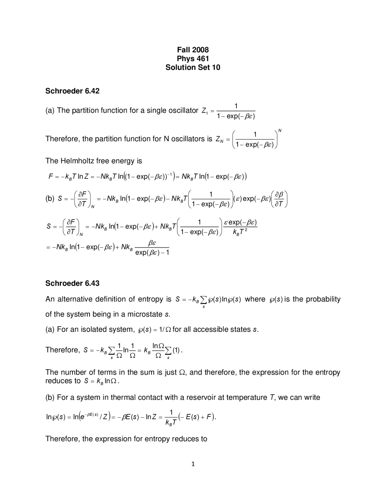 Solution Set 10 Thermal And Statistical Physics Phys 461 Docsity