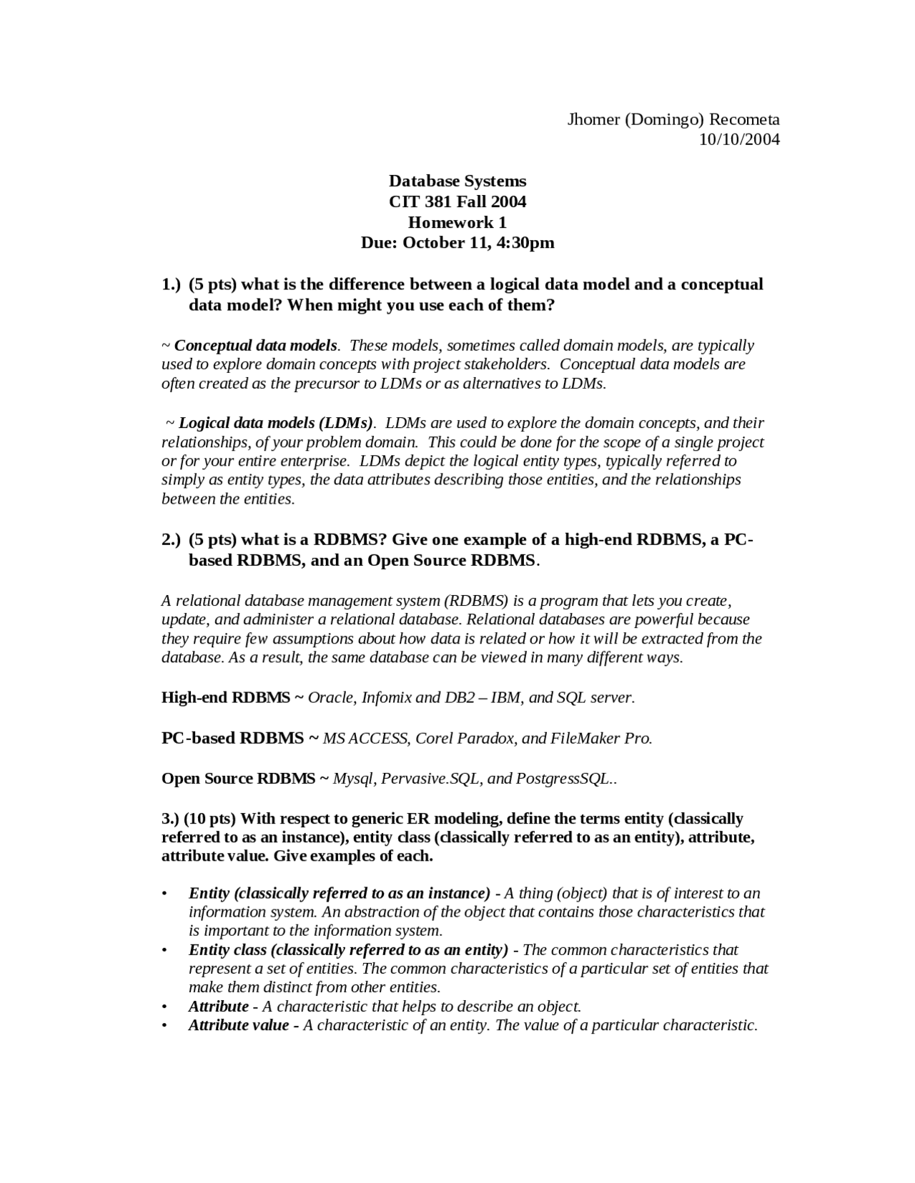 7 Questions For Assignment 1 Database System Cit 381 Docsity