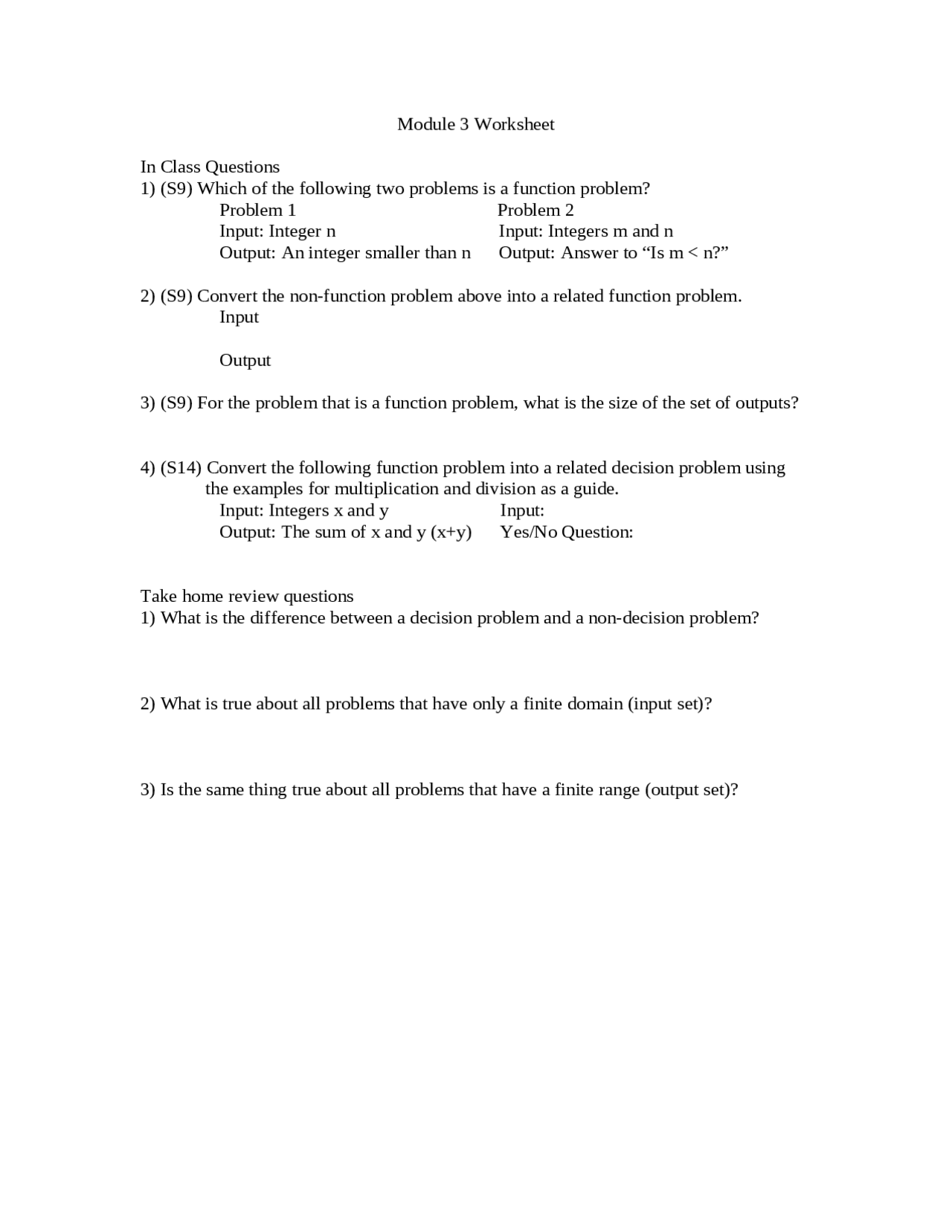 Module 3 Worksheet For Computability And Languages Cse 460 Docsity
