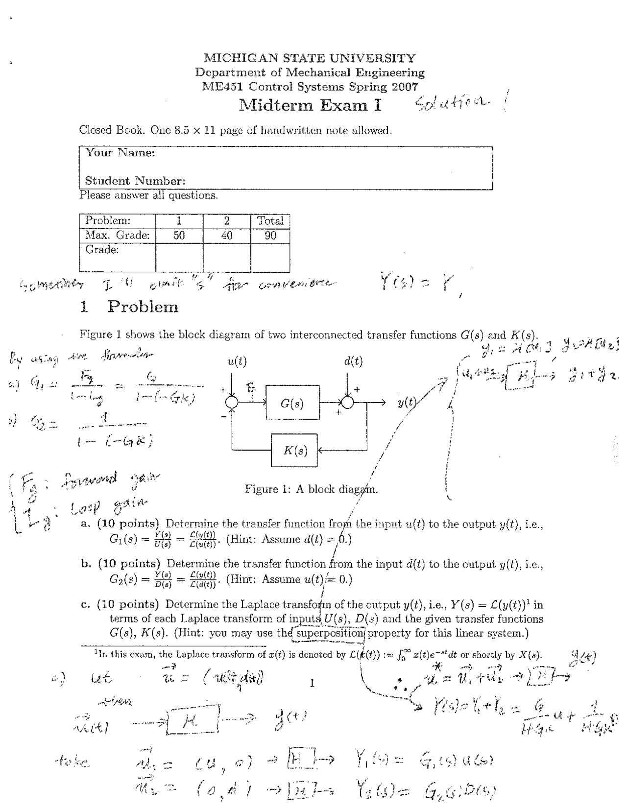 Mid Term Exam 1 With Solutions Control Systems Me 451 Exams Control Systems Docsity