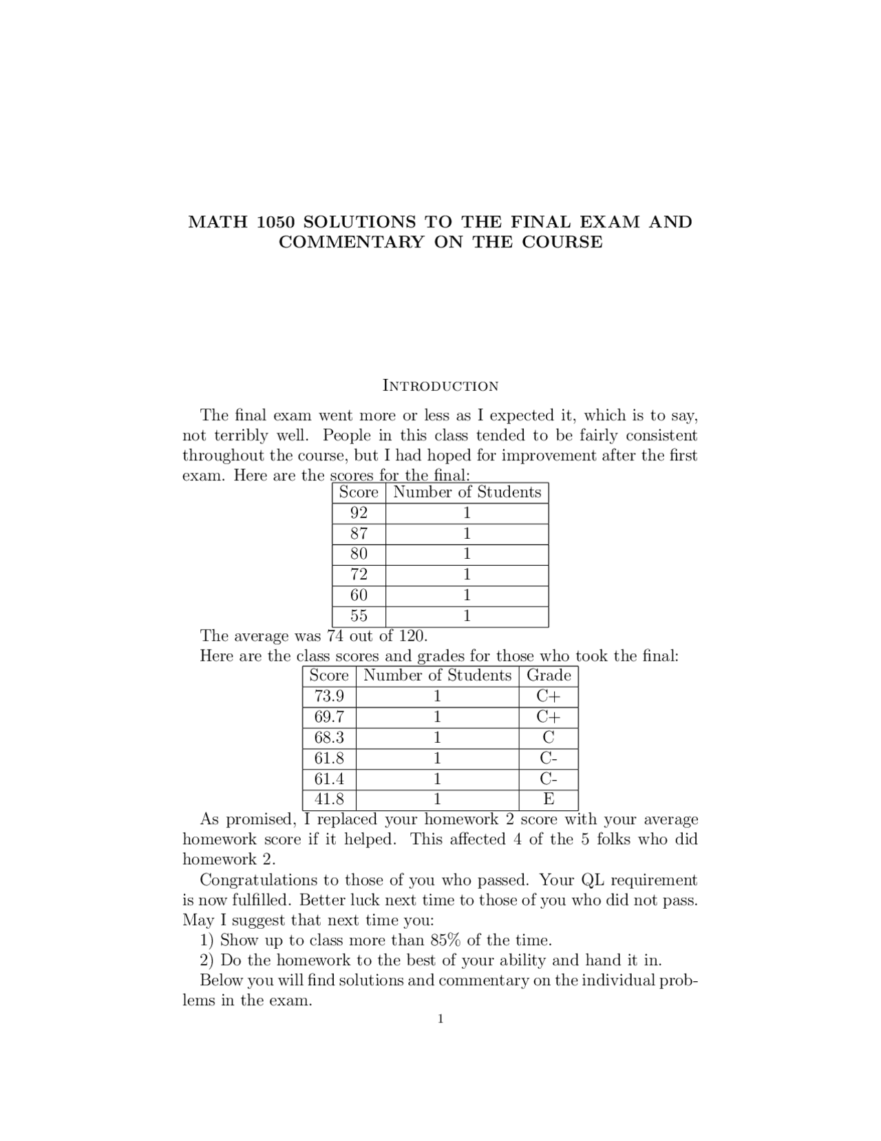 Final Exam Solutions - Quantitative Literacy College Algebra | MATH 1050 | Exams Mathematics ...